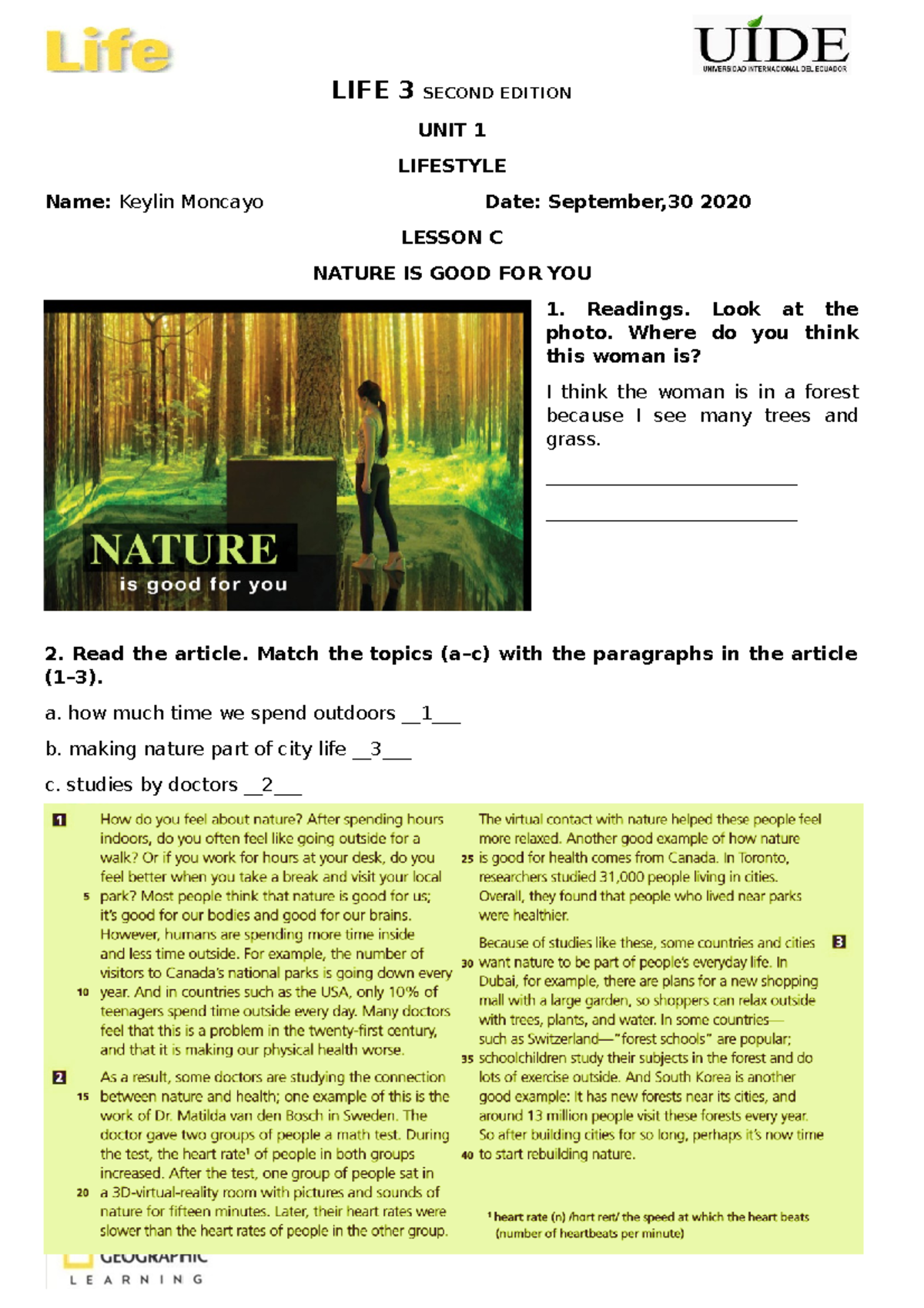 Class Activity 002 Lesson c d e f Life 3 - LIFE 3 SECOND EDITION UNIT 1 ...