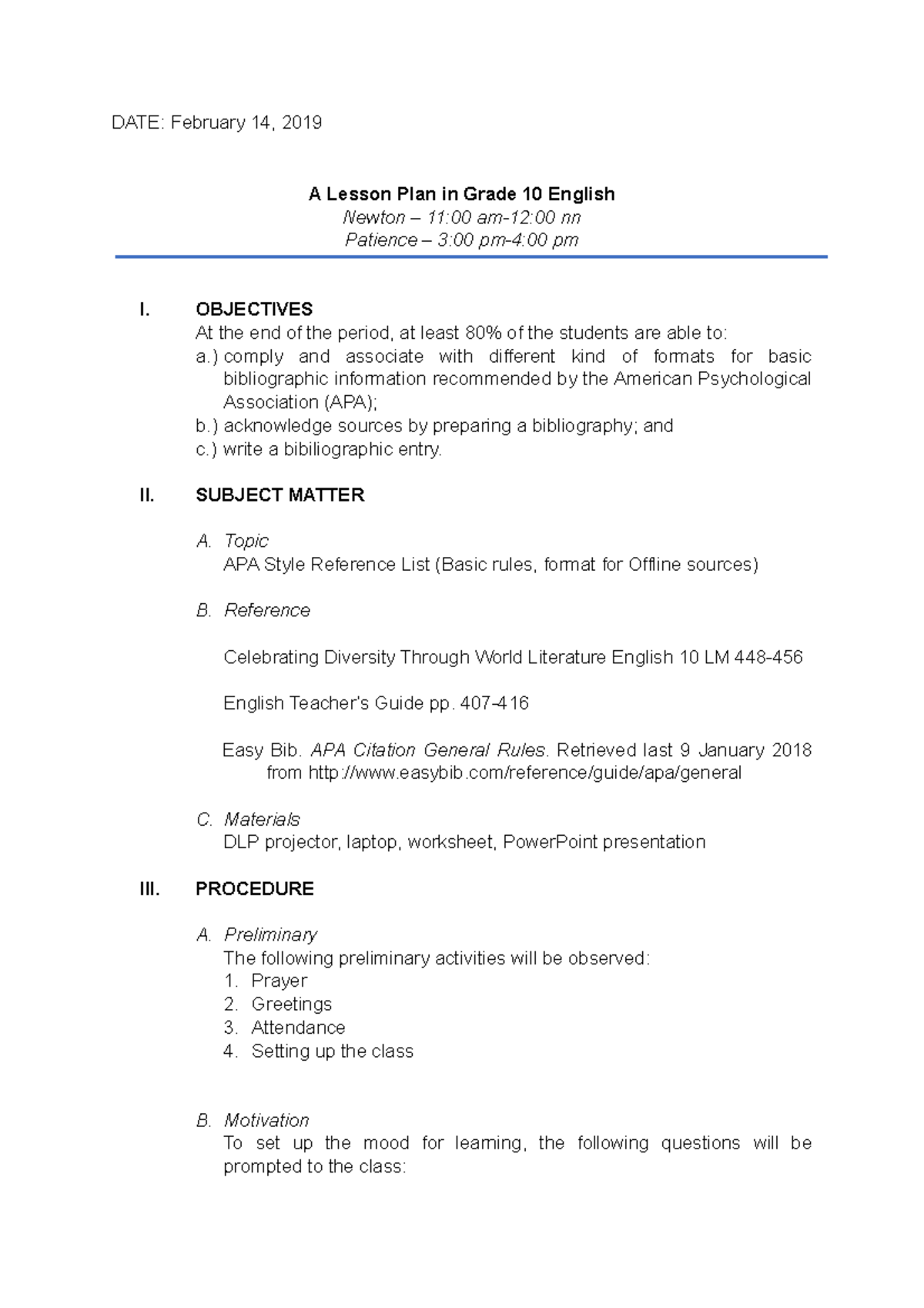 Grade 10 English Lesson Plan: APA Reference List 02-14-2019 - Studocu