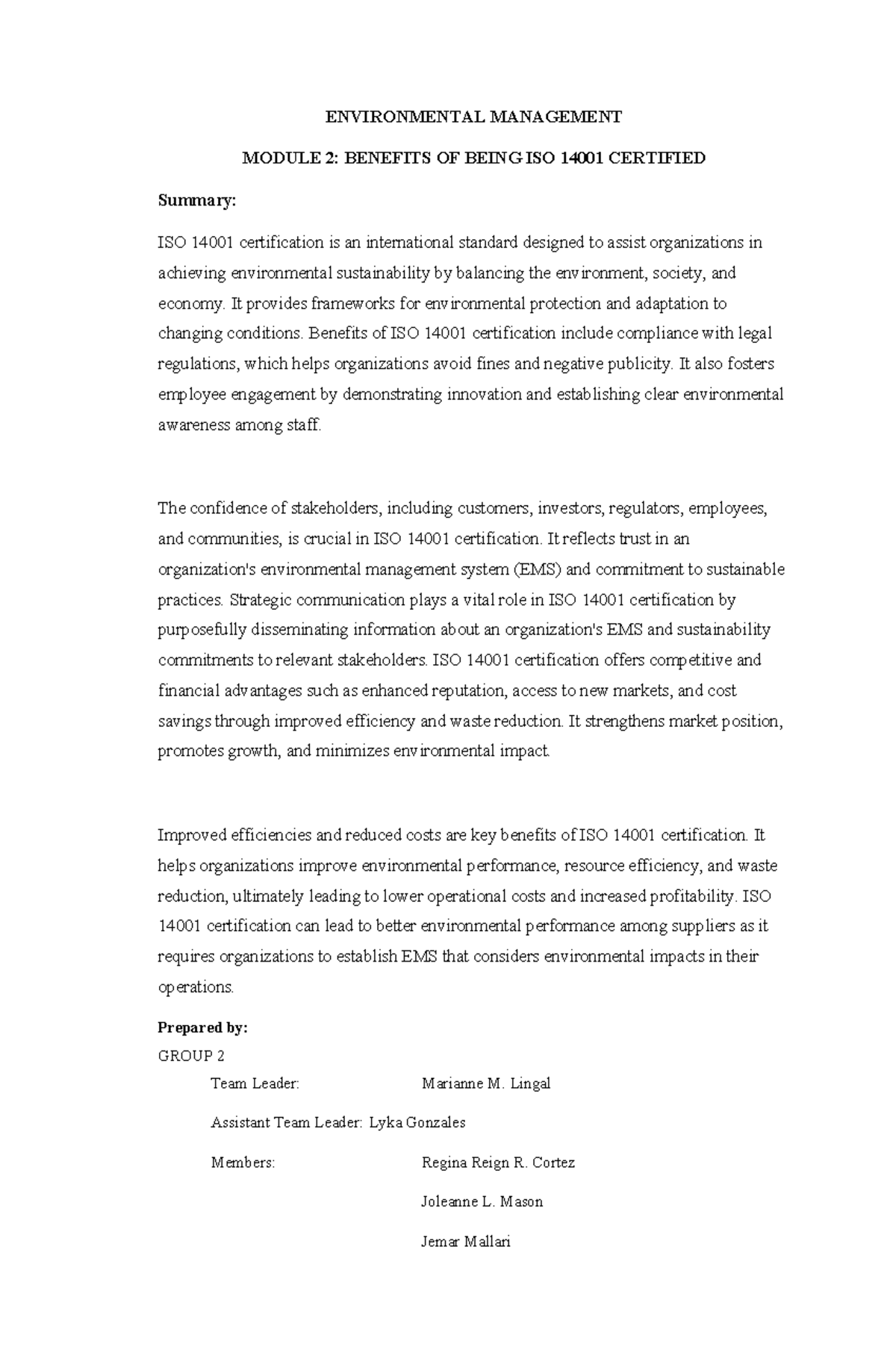 Summary - eger - ENVIRONMENTAL MANAGEMENT MODULE 2: BENEFITS OF BEING ...