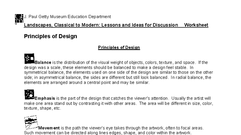 J. Paul Getty Museum Education: Principles of Art & Design Worksheet ...