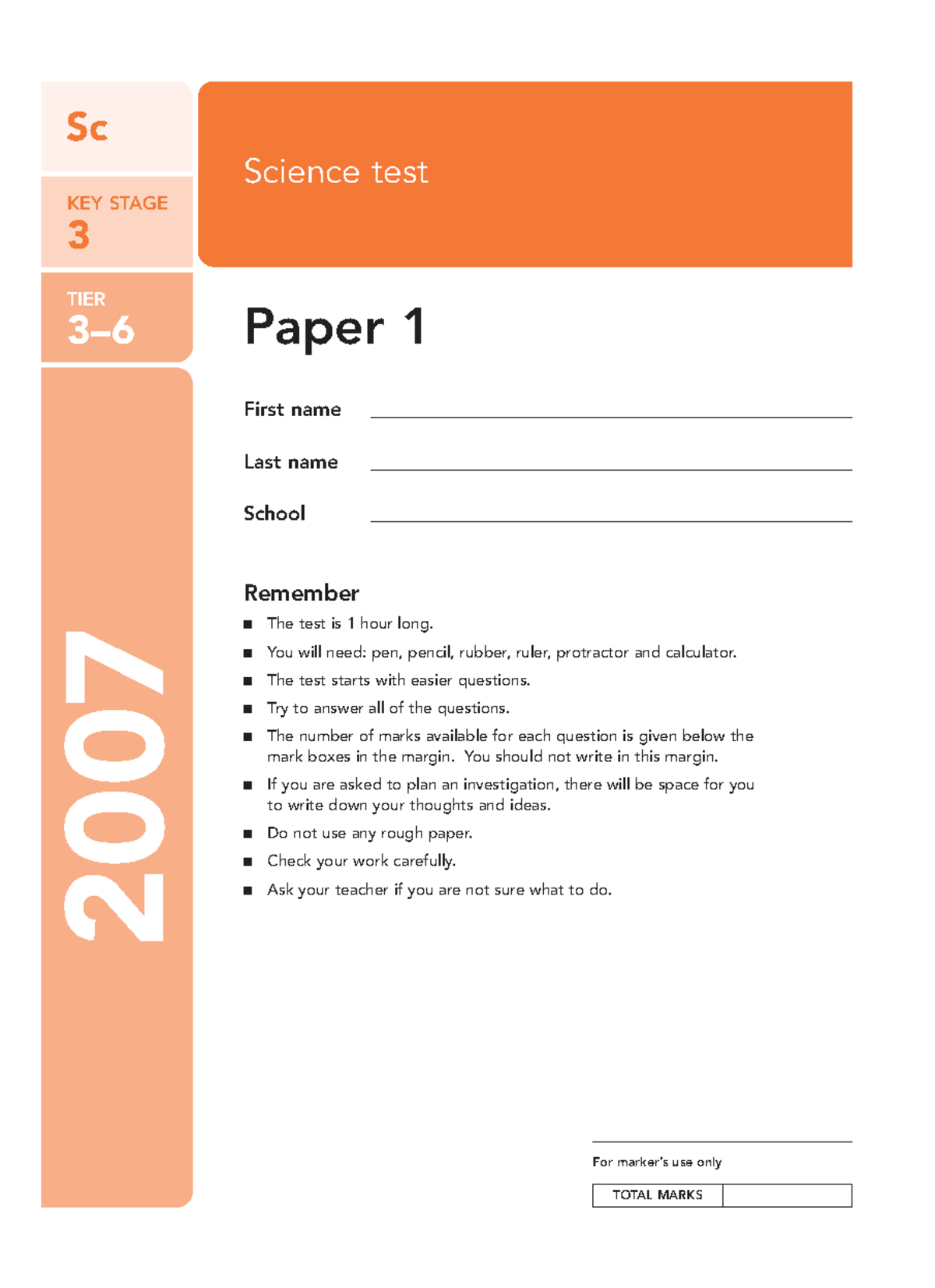 275650_KS3 Sci Final Exam Paper 1 - 2007 Test Overview - Studocu