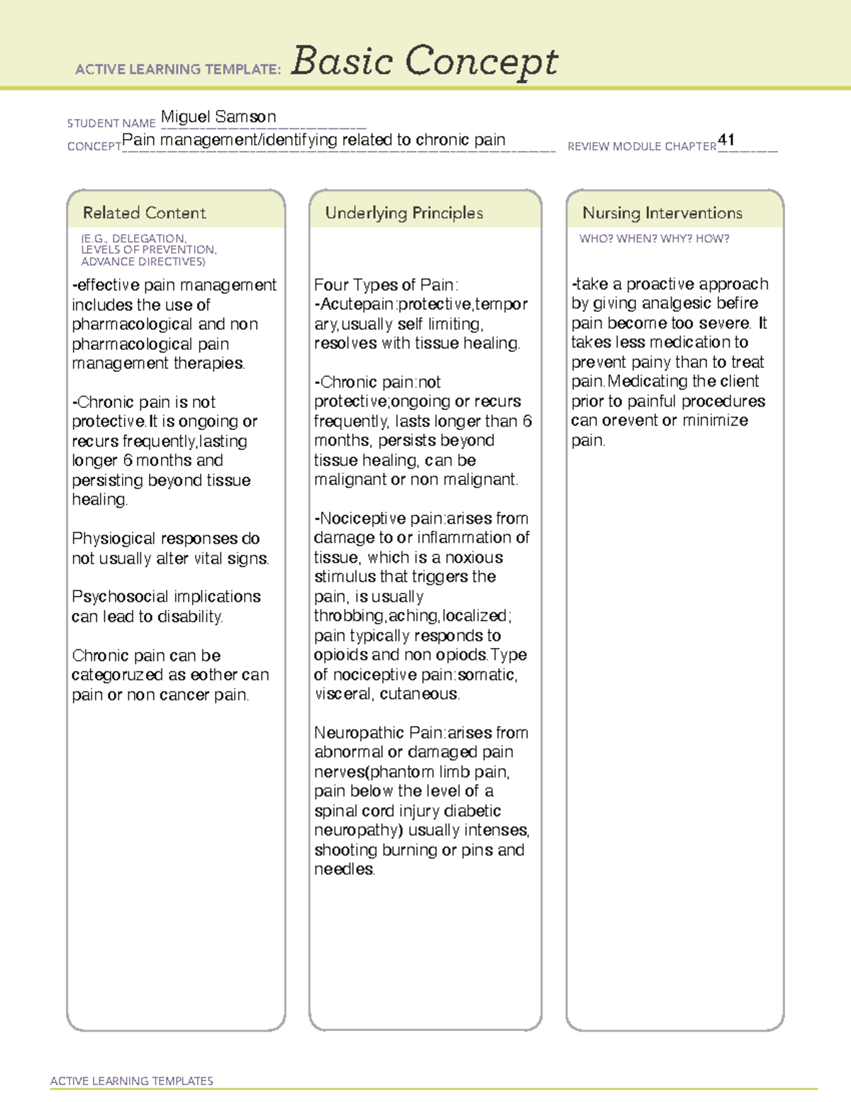 ACTIVE LEARNING TEMPLATE: Chronic Pain Management Concepts - ATI - Studocu