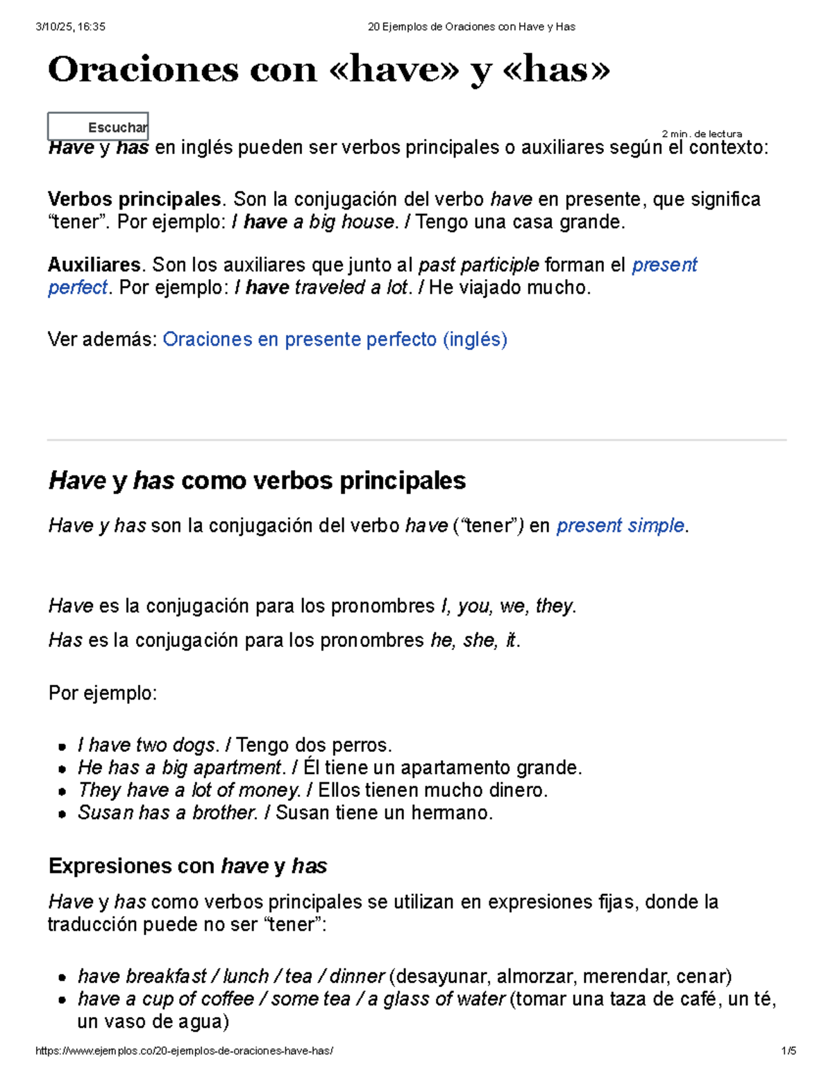 20 Ejemplos de Oraciones con Have y Has - Ejercicio de Inglés - Studocu