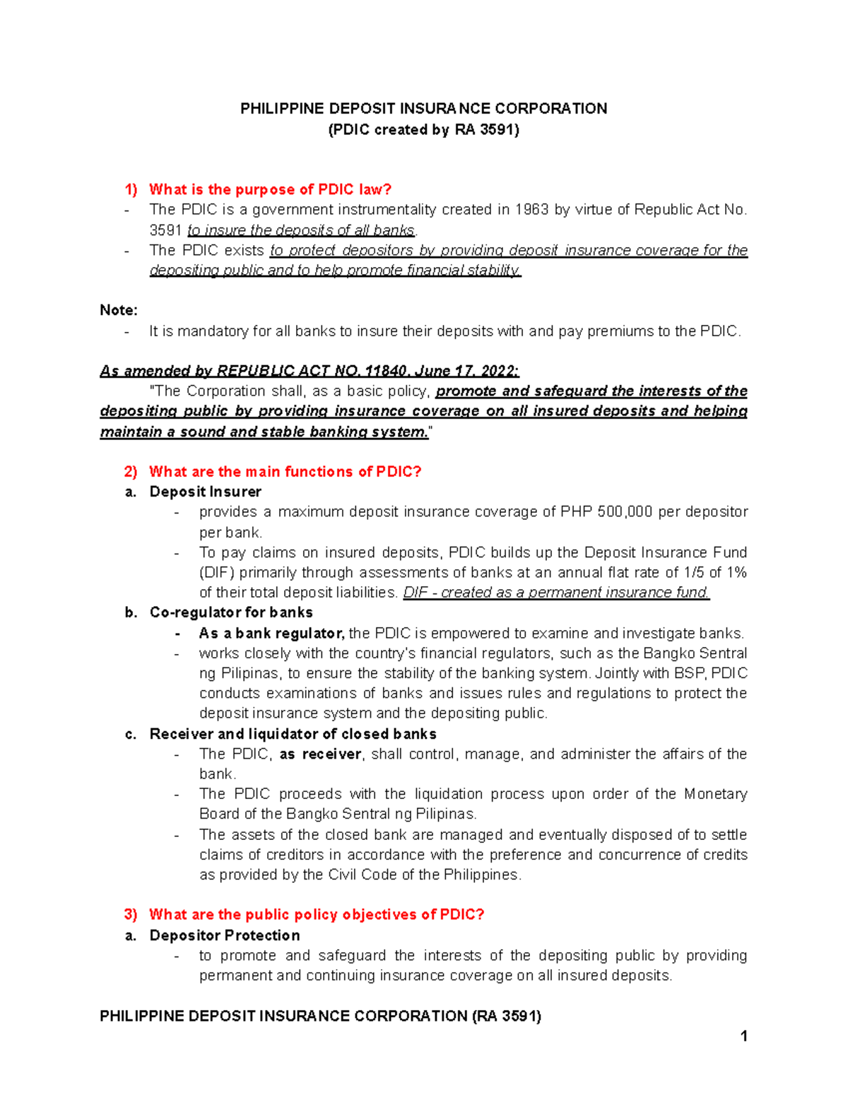 Philippine Deposit Insurance Corporation: Overview & Functions (RA 3591 ...