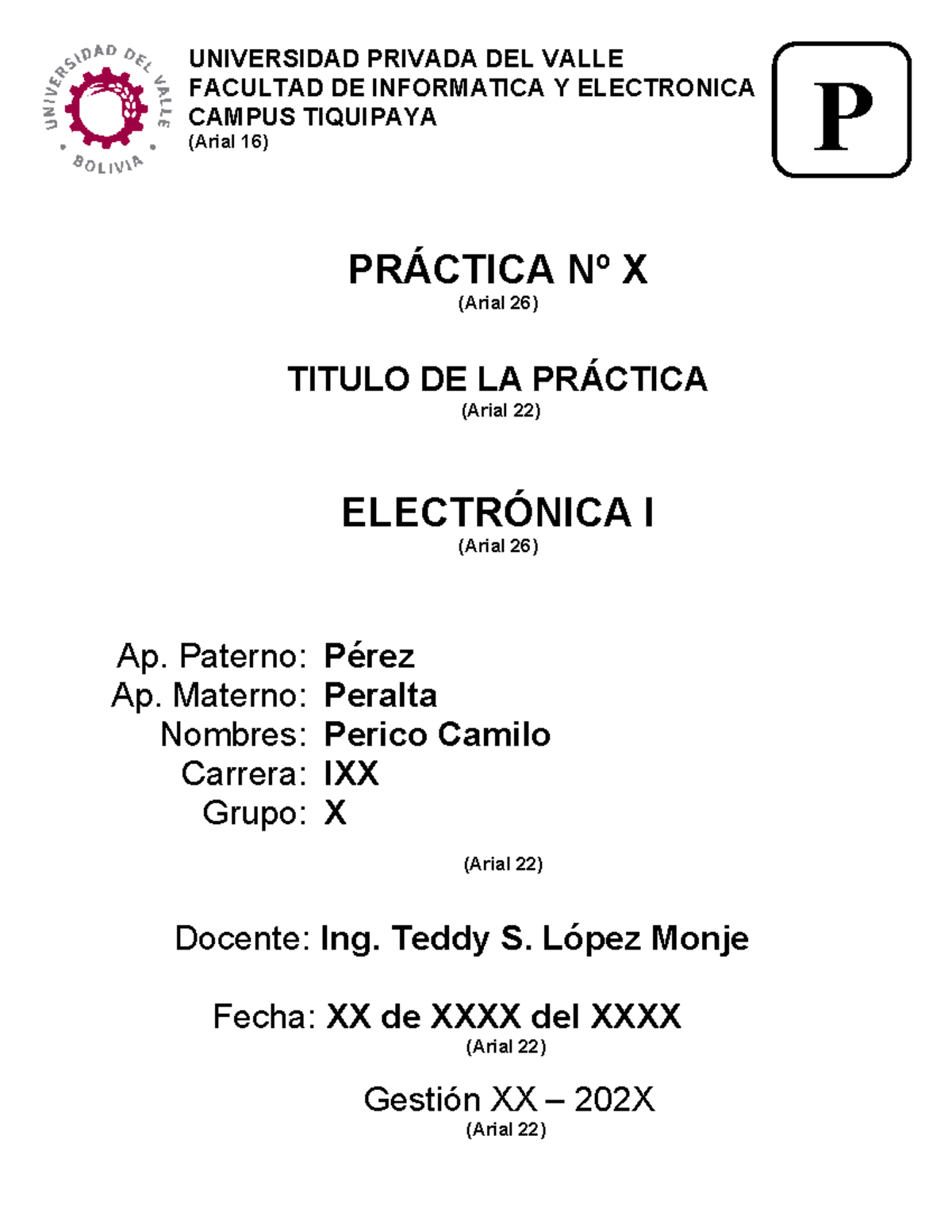 Formato DE Caratula DE Practica - UNIVERSIDAD PRIVADA DEL VALLE ...