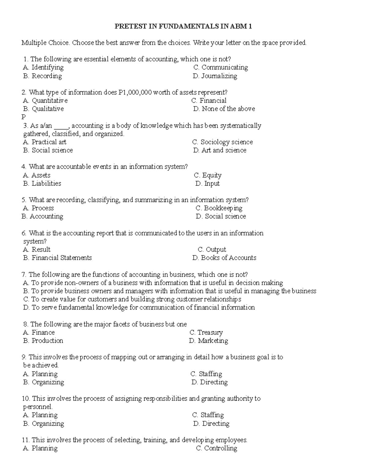 Quiz on Fundamentals of ABM 1: Pretest Questions & Answers - Studocu