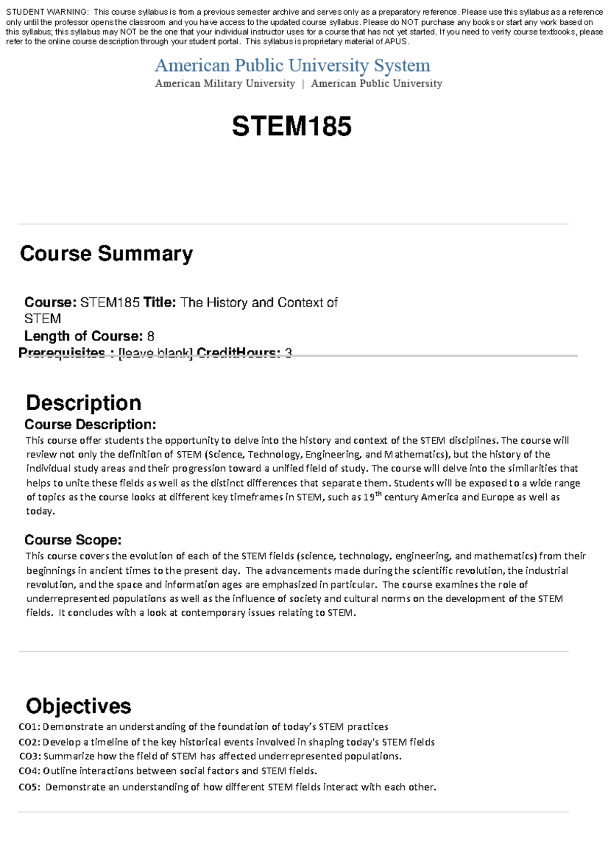 STEM185 Syllabus: The History and Context of STEM Overview - Studocu
