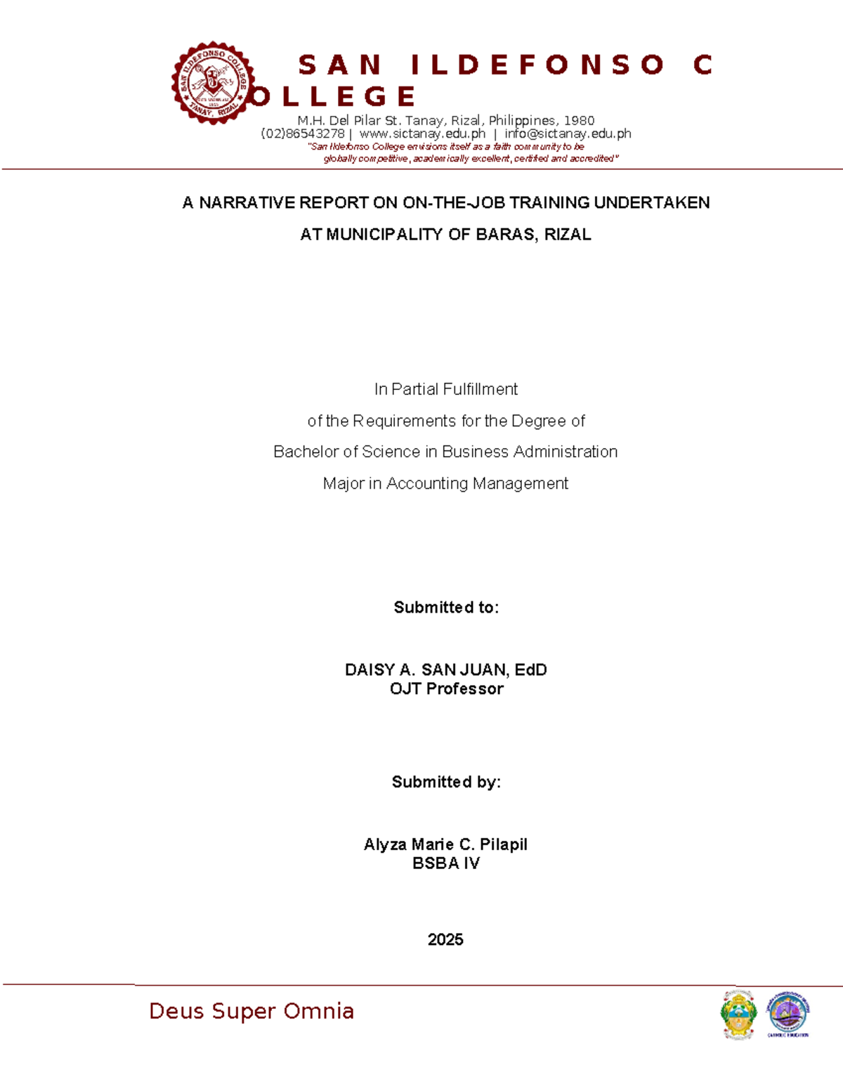 Narrative Report on OJT in BSBA (Accounting Management) - 2025 - Studocu