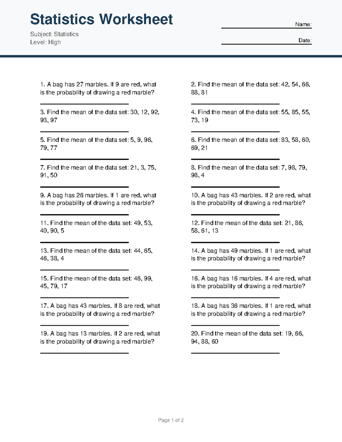 Statistics Worksheet 1: Probability & Mean Calculations - Studocu