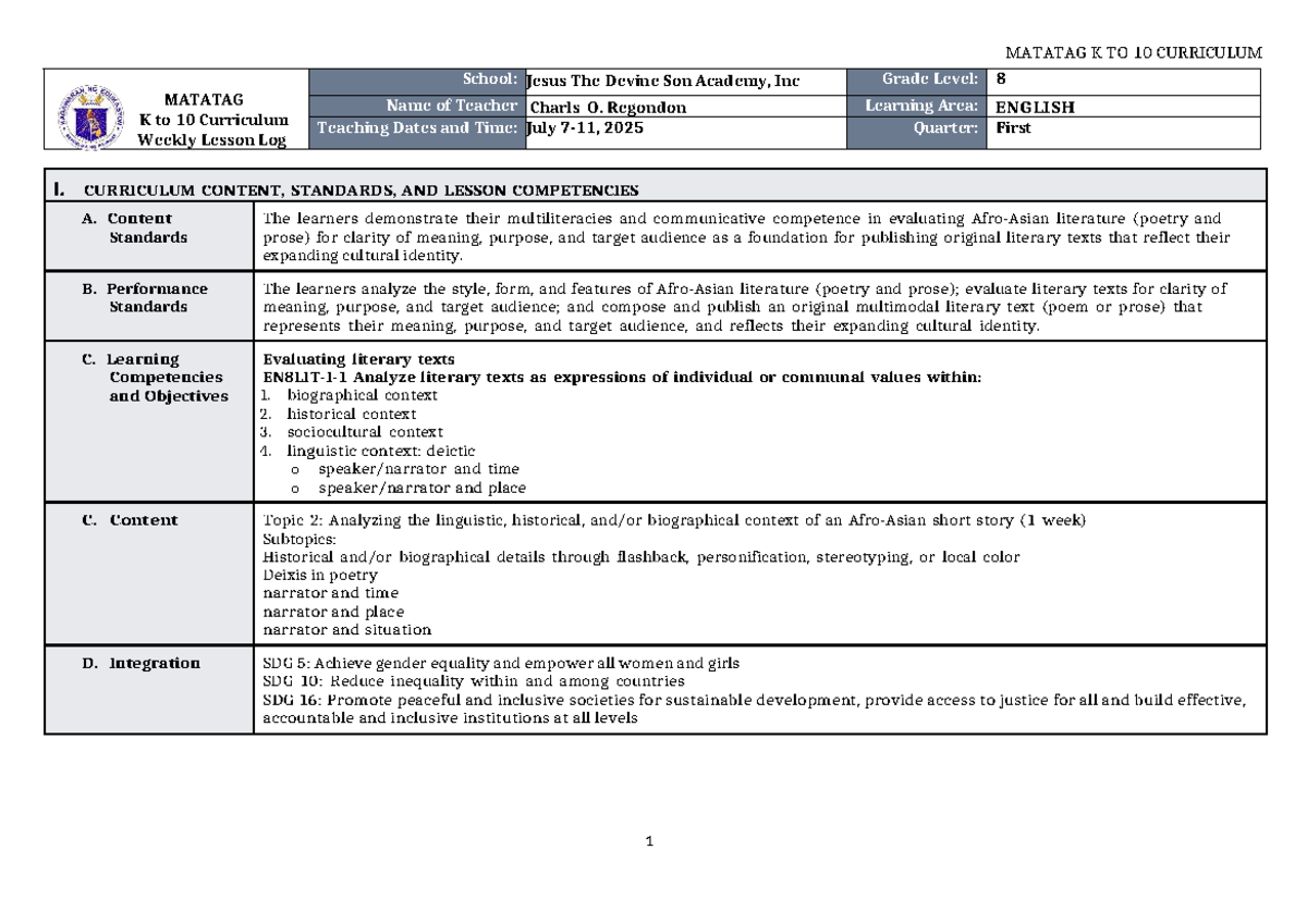 MATATAG K to 10 Curriculum: Weekly Lesson Log for English 8 Q1 - Studocu