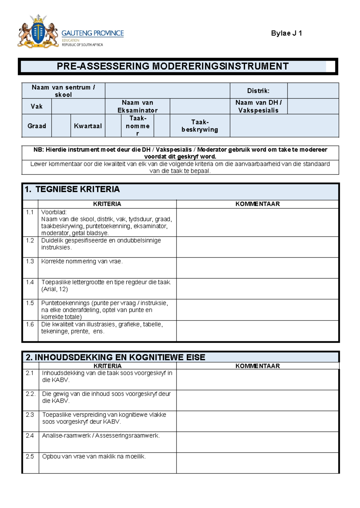 W F J1 Pre-moderering van Formele Assessering: Kriteria en Kommentaar ...