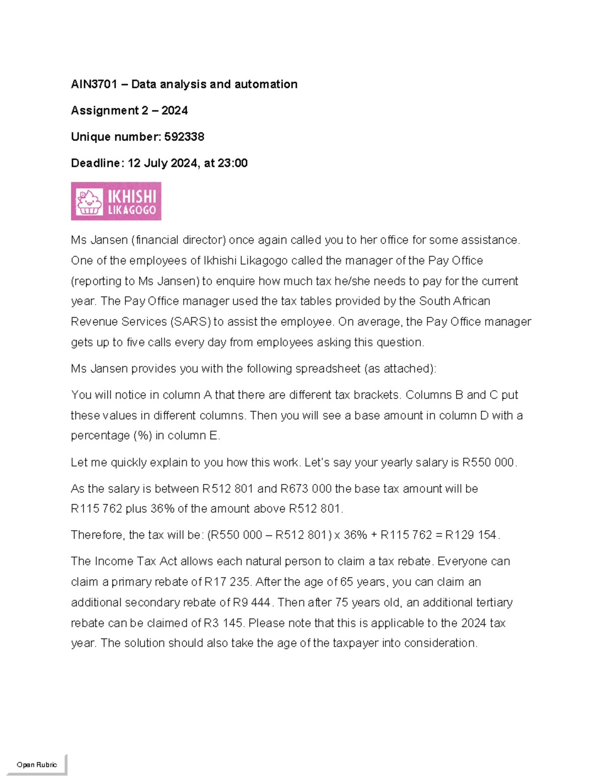AIN3701 2024 Assignment 2: Tax Calculation & Automation in VBA - Studocu