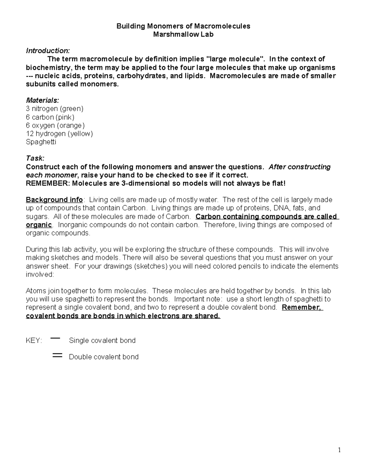 Building Monomers of Macromolecules Lab (Biochemistry) - Studocu