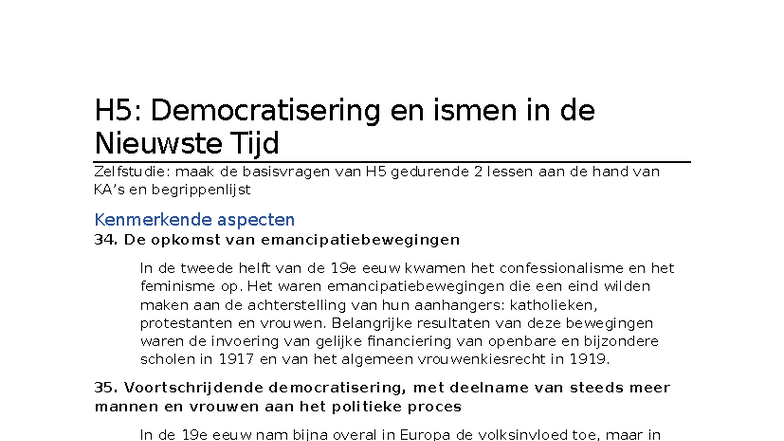 Geschiedenis 4h H5: Overzicht van Emancipatie en Democratisering ...