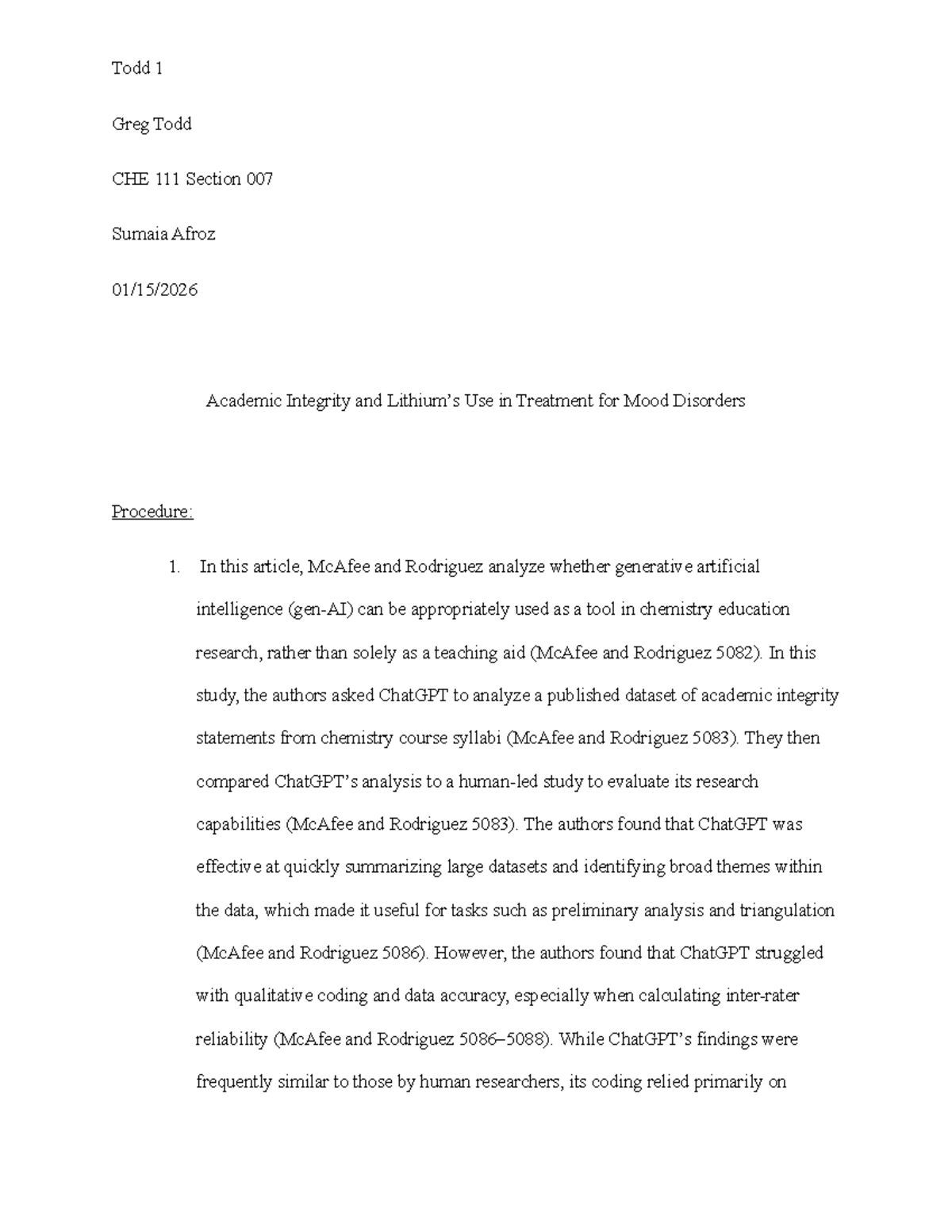 Lab 1 - CHE 111: AI in Chemistry Education & Lithium for Mood Disorders ...