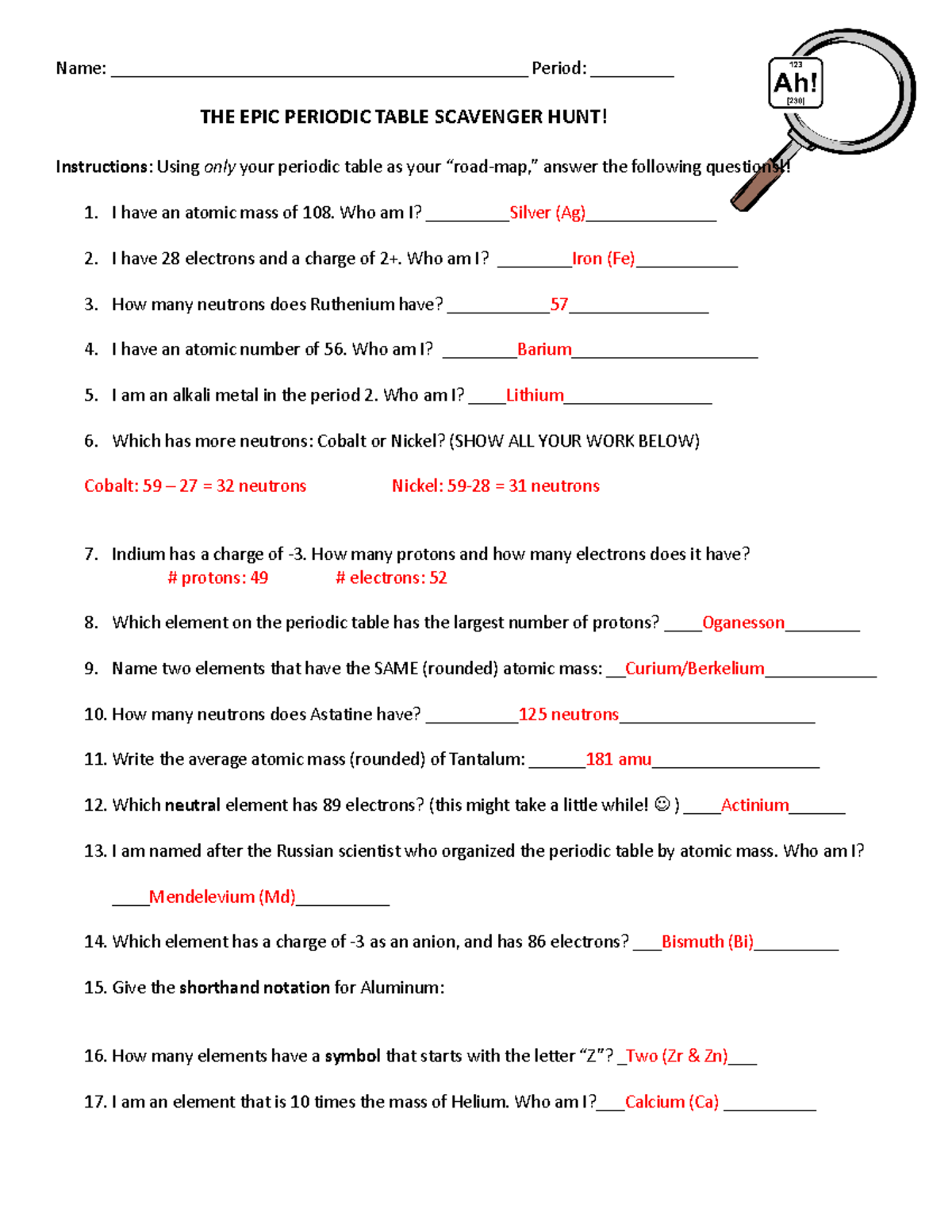 Periodic Table Scavenger Hunt Answer Key for Chemistry 101 - Studocu