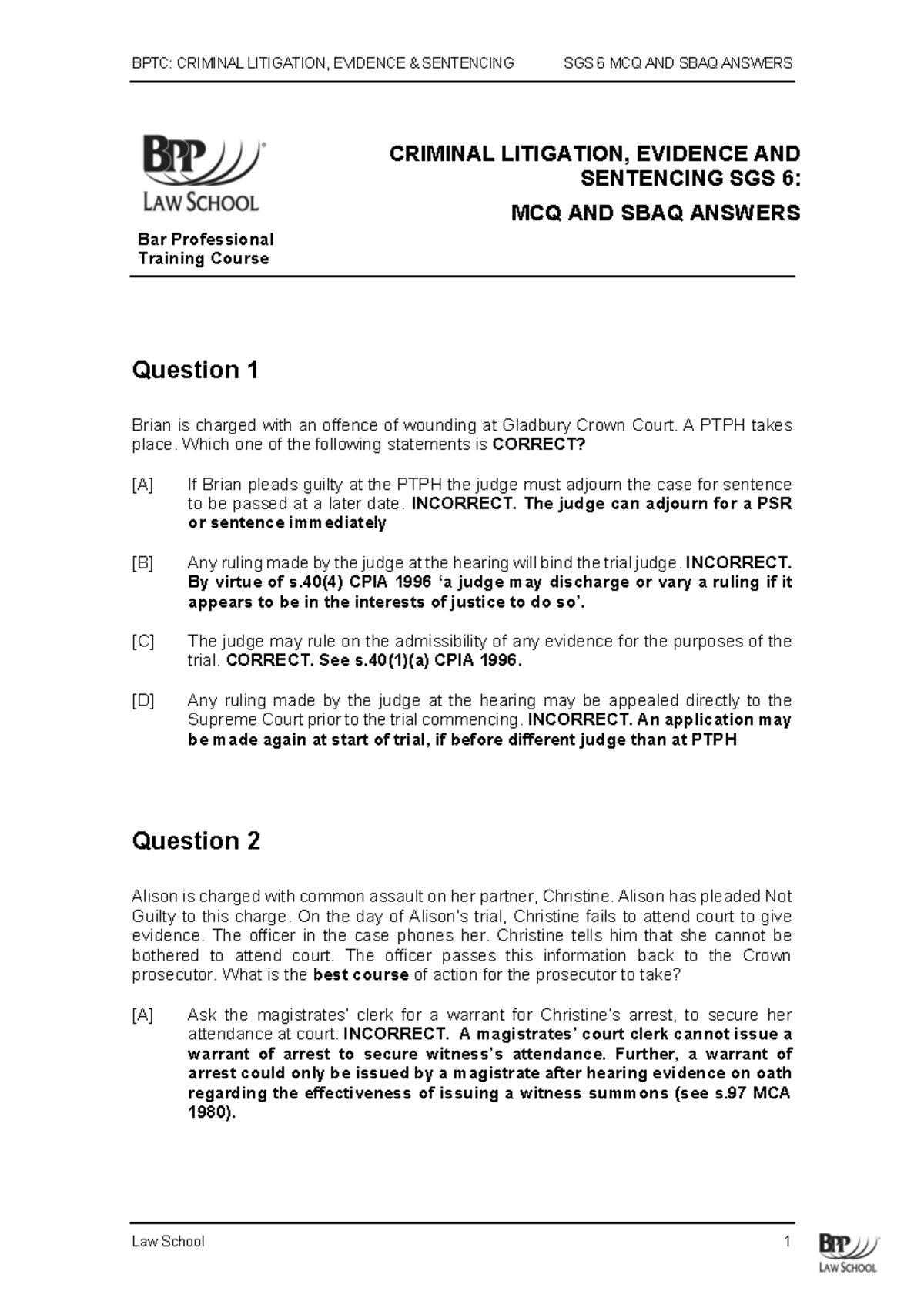 SGS 6 MCQ Questions and Answers - BPTC: CRIMINAL LITIGATION, EVIDENCE ...