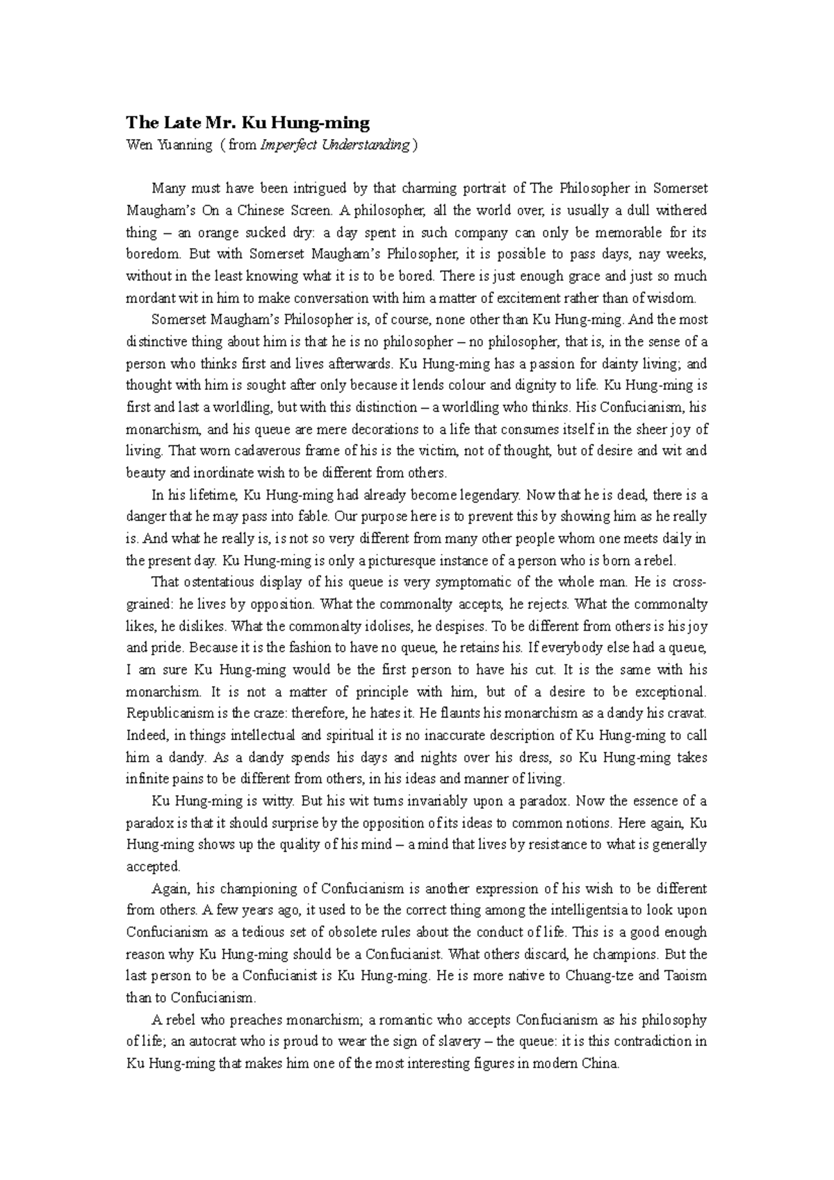 Unit 1 Analysis of Ku Hung-ming: A Philosophical Rebel - Studocu