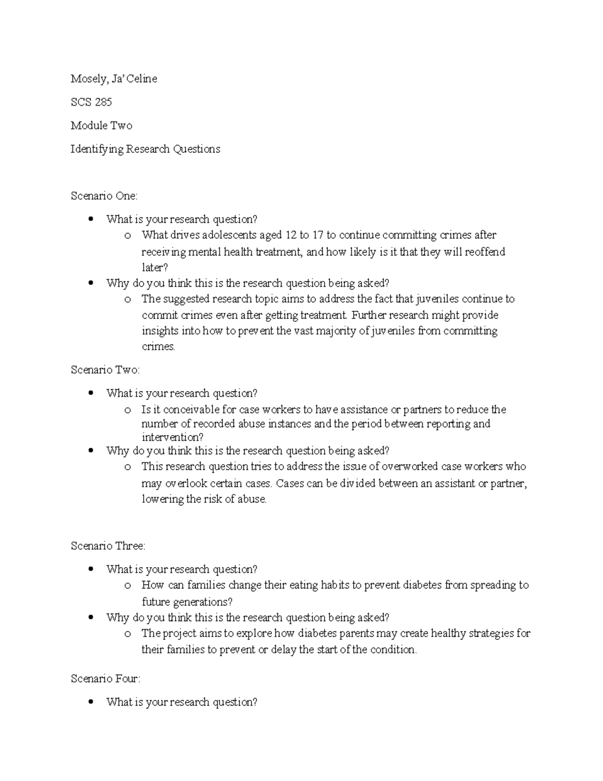SCS 285 Module 2 Research Question - Mosely, Ja’Celine SCS 285 Module ...
