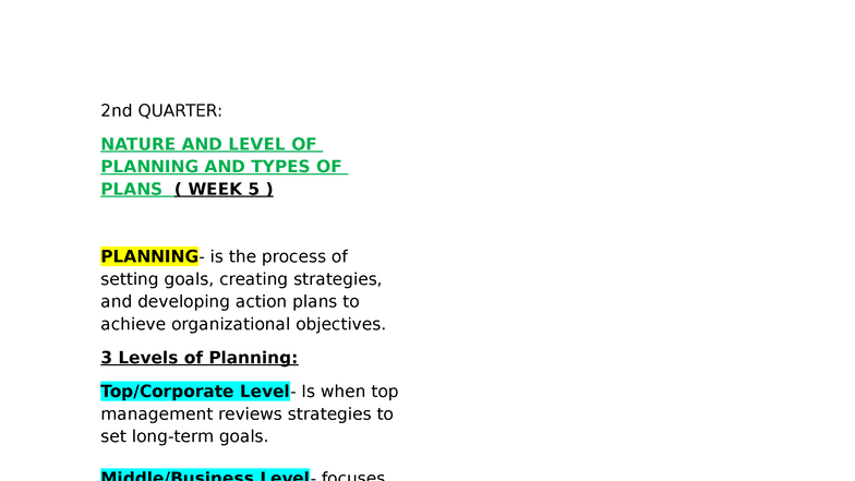 2nd Quarter: Planning Levels & Types of Plans (Week 5) - Studocu