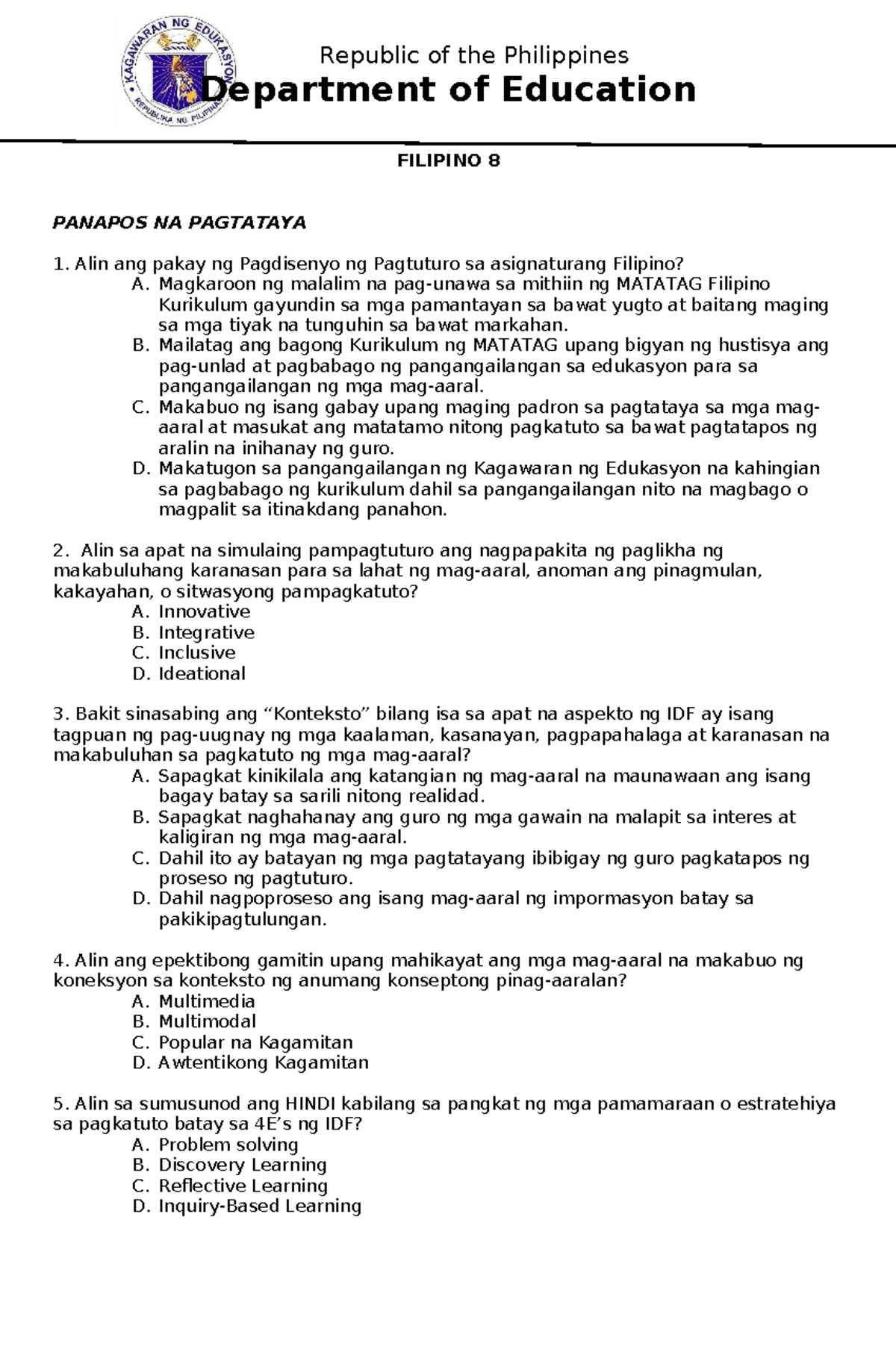 FILIPINO 8 PANAPOS NA PAGTATAYA: Susi sa Pagwawasto at Mga Tanong - Studocu