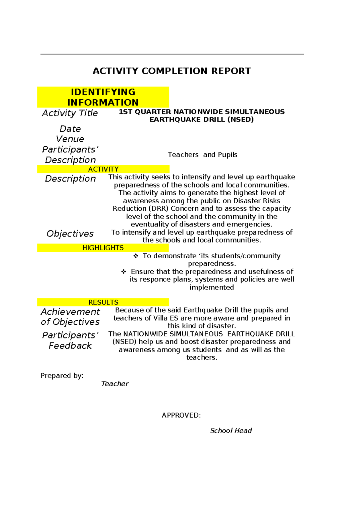 1ST QUARTER NSED Activity Completion Report on Earthquake Drill - Studocu