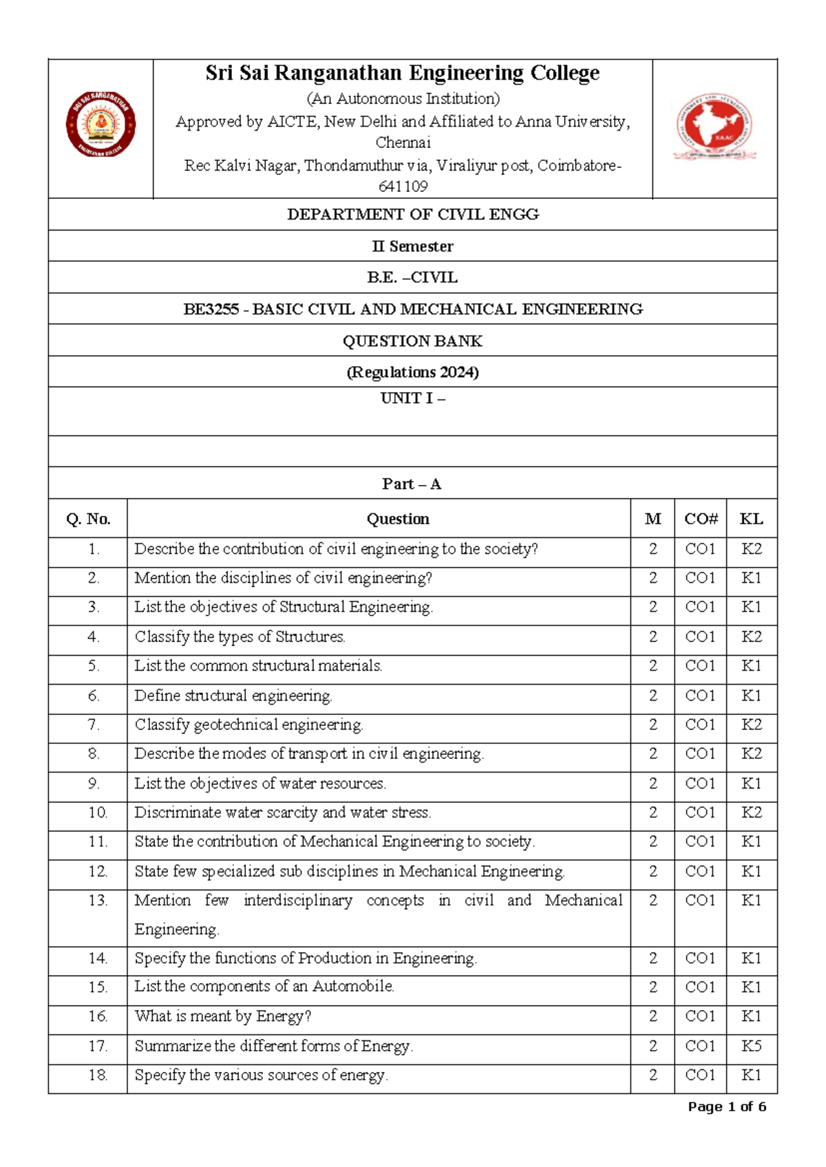 BCME 3255 Question Bank: Basic Civil & Mechanical Engineering - Studocu