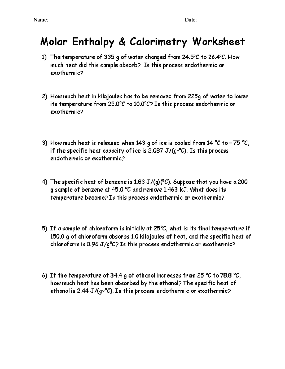 Molar Enthalpy & Calorimetry Worksheet - Molar Enthalpy & Calorimetry ...