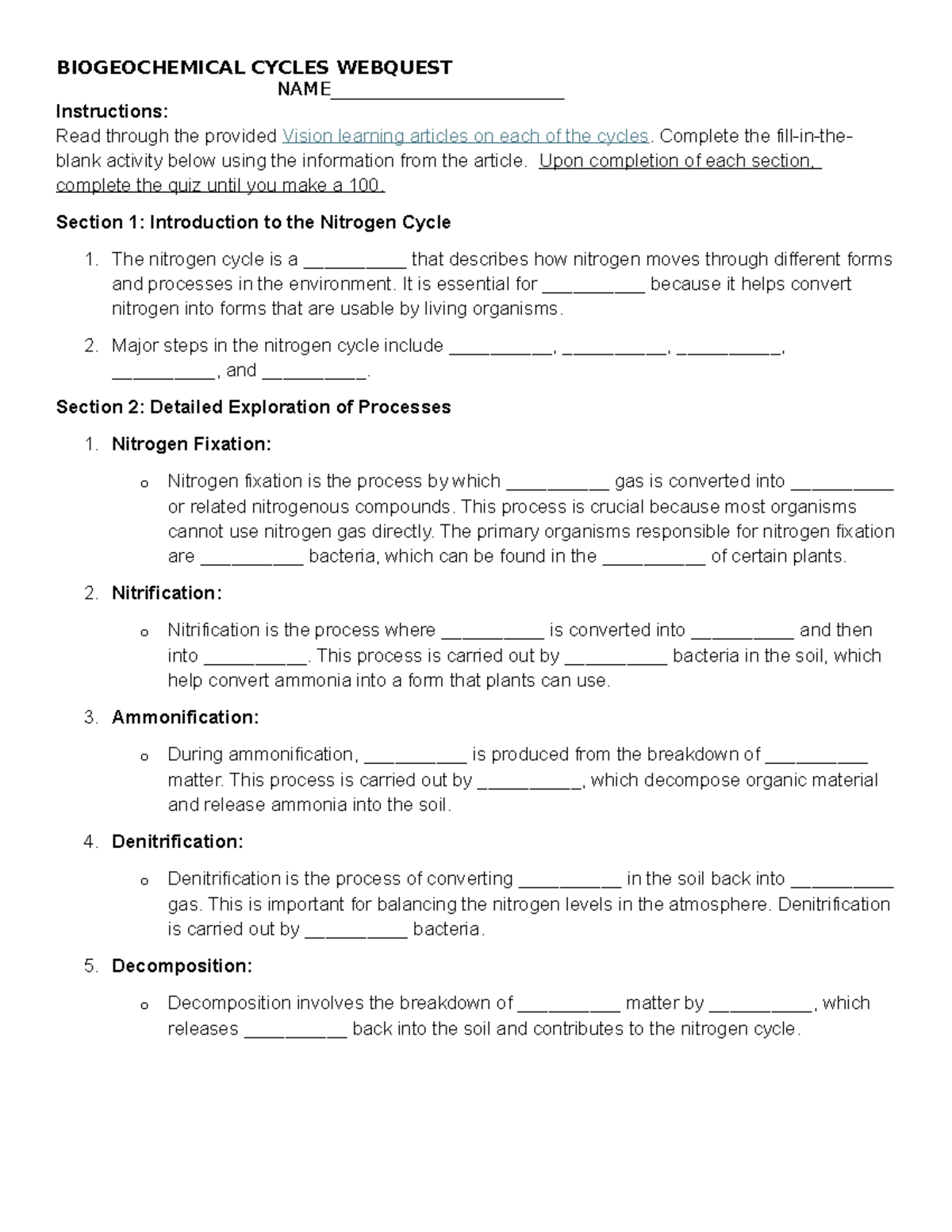 Biogeochemical Cycles Webquest: Exploring Nitrogen, Water, and ...
