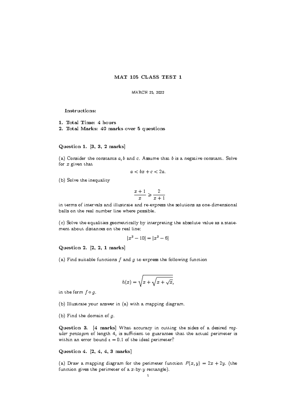 MAT 105 Class Test 1: Solutions & Insights - March 25, 2022 - Studocu
