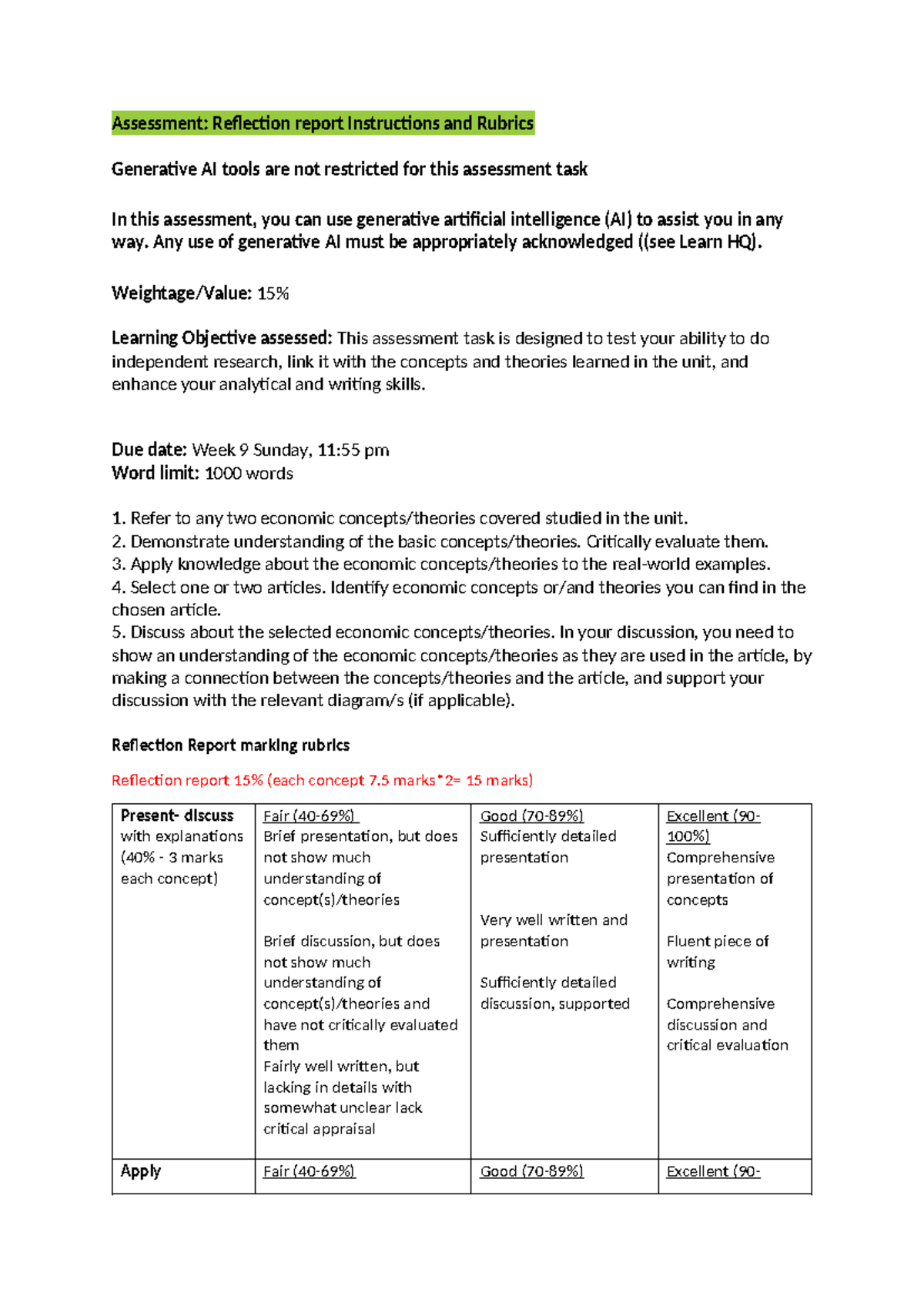 Reflection Report Instructions & Rubrics for Economics Assessment - Studocu