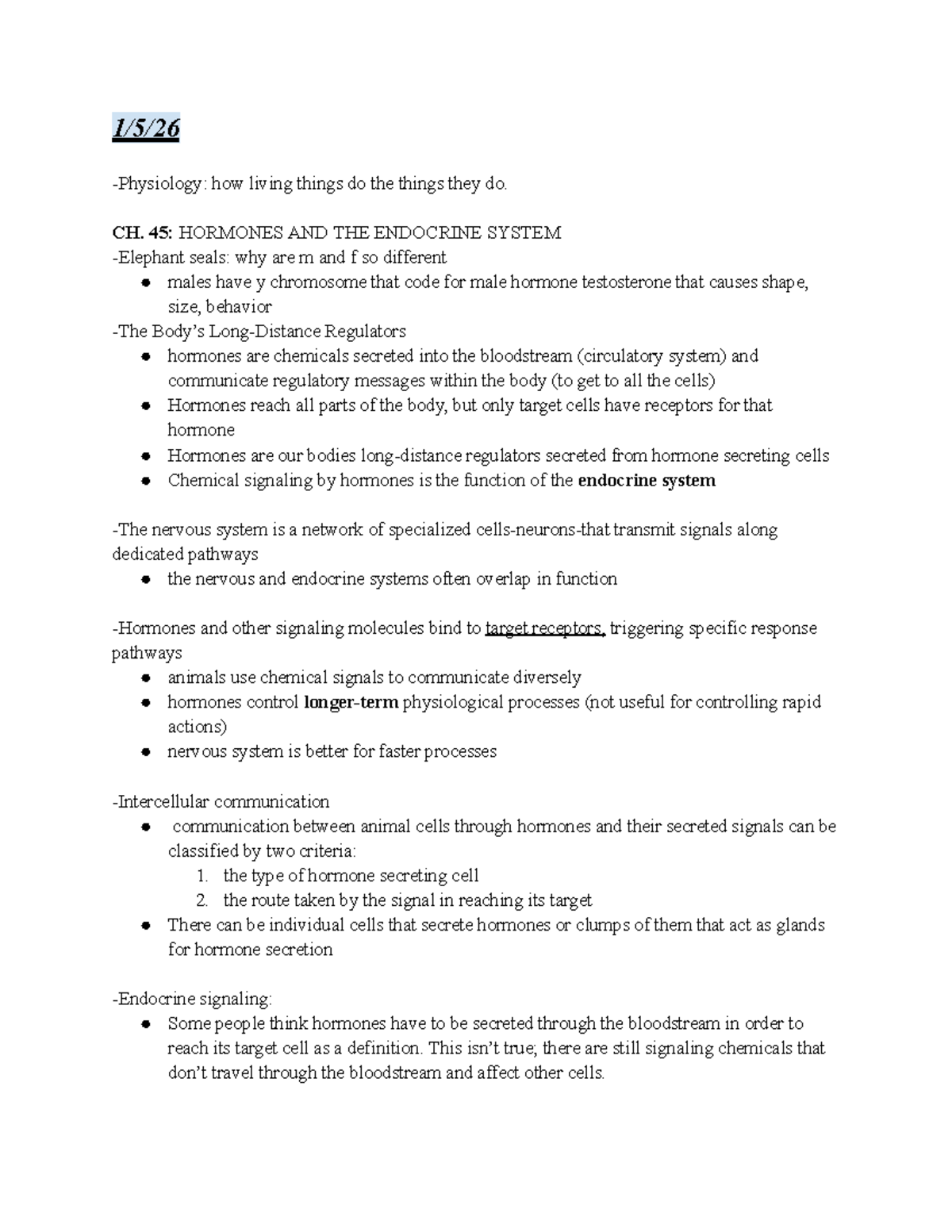 CH. 45: Hormones and the Endocrine System Lecture Notes - Studocu