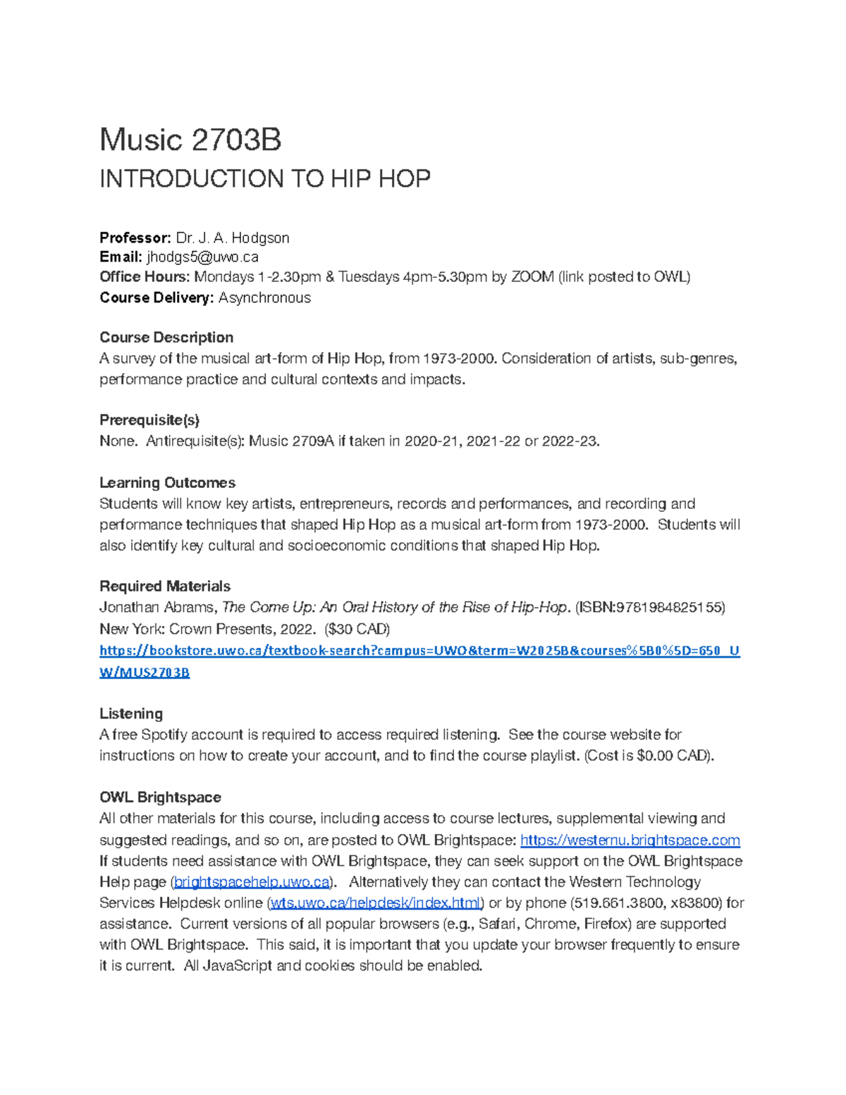 Music 2703B: Syllabus for Introduction to Hip Hop (W26) - Studocu