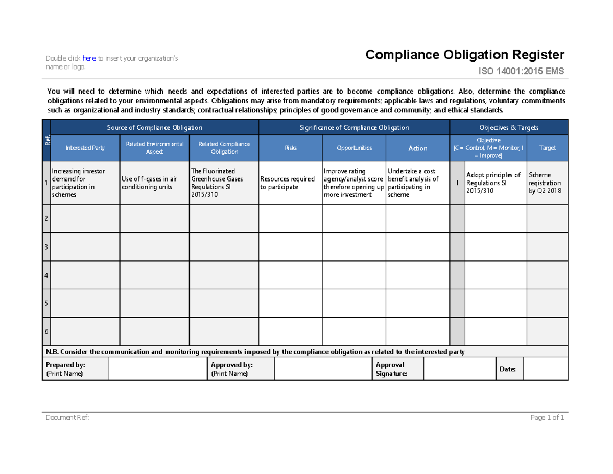 Compliance Obligation Register for ISO 14001:2015 EMS Standards - Studocu