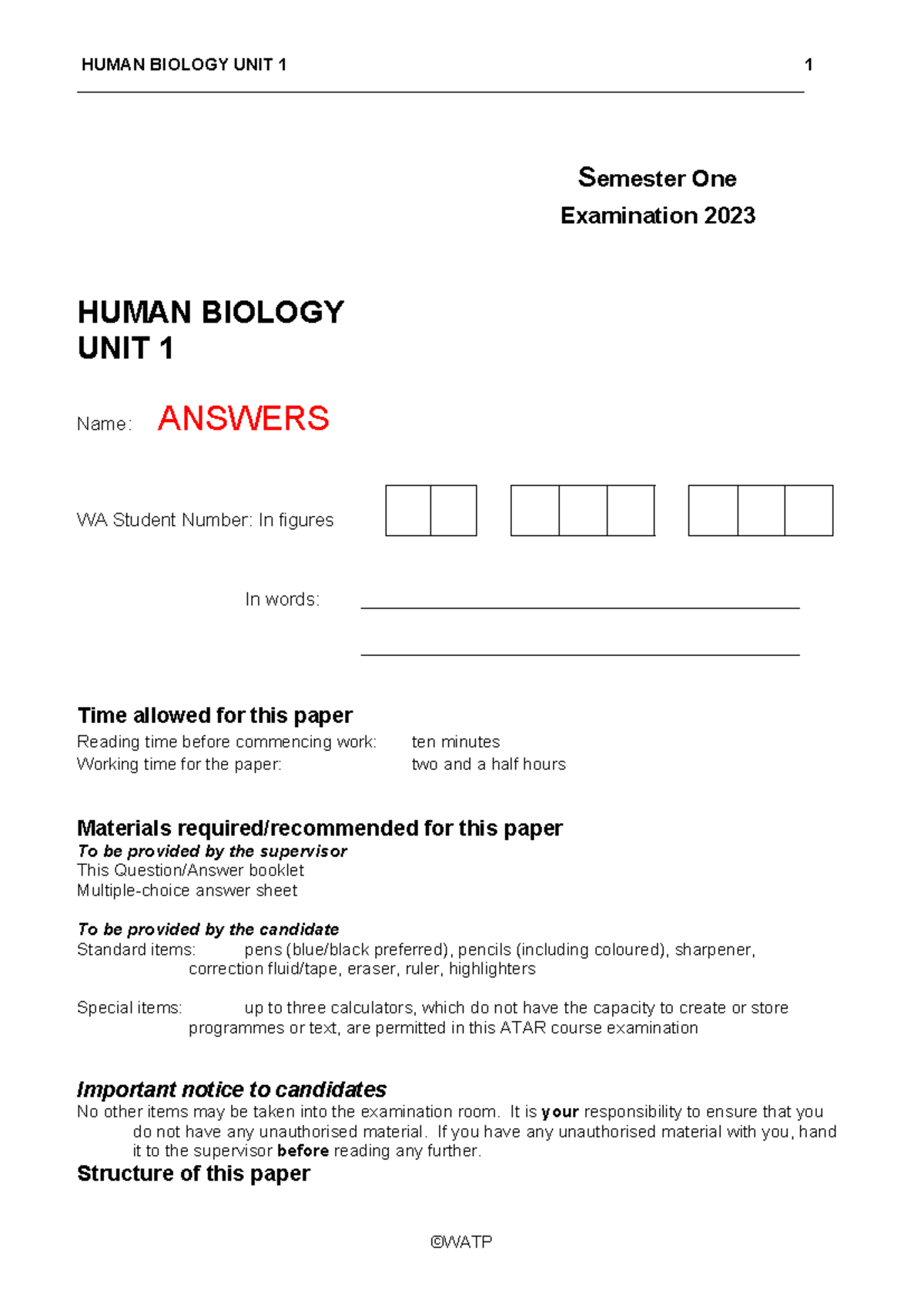 HUMAN BIOLOGY UNIT 1 SEM 1 EXAM 2023 - Comprehensive Answer Guide - Studocu