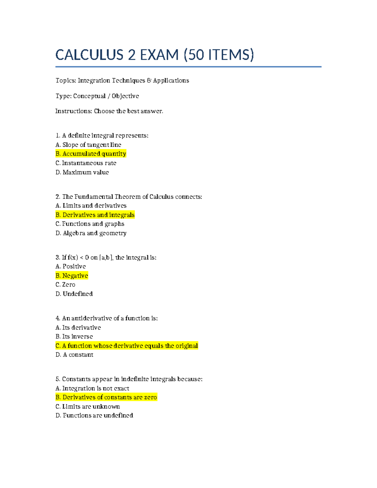 CALCULUS 2 FINAL EXAM (50 ITEMS) - Cheat Sheet - Studocu