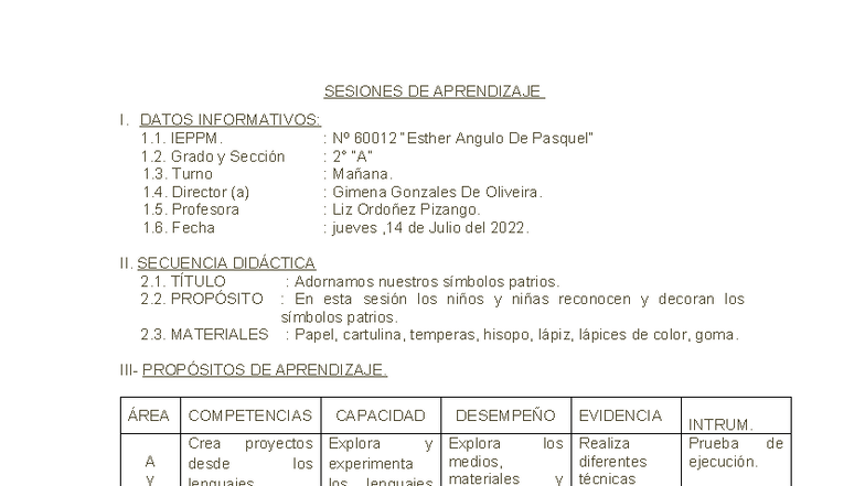 Adornamos LOS Simbolos Patrios - SESIONES DE APRENDIZAJE I. DATOS ...