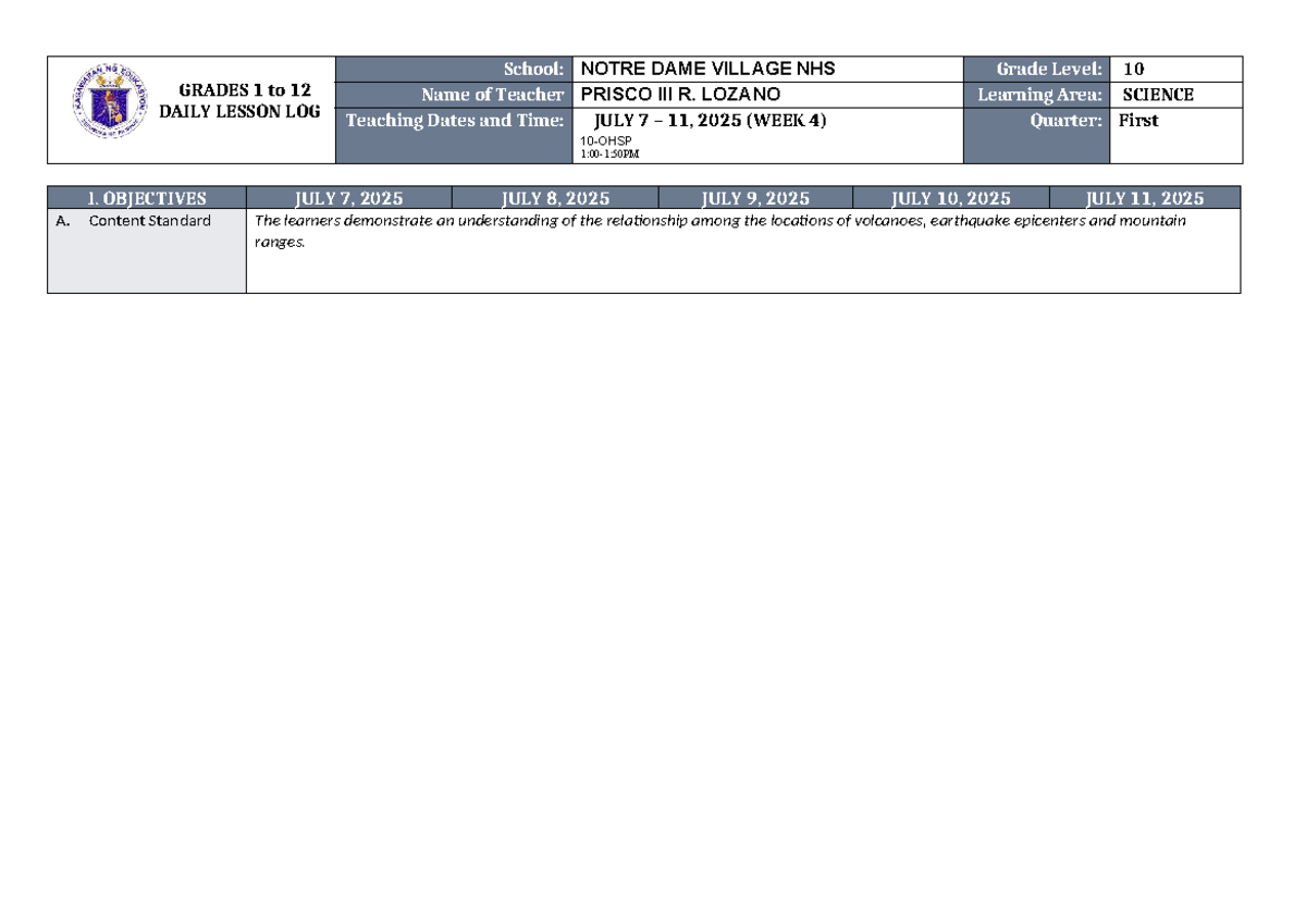 DLL Science 10 Q1 W4: Daily Lesson Log on Earth Structure - Studocu