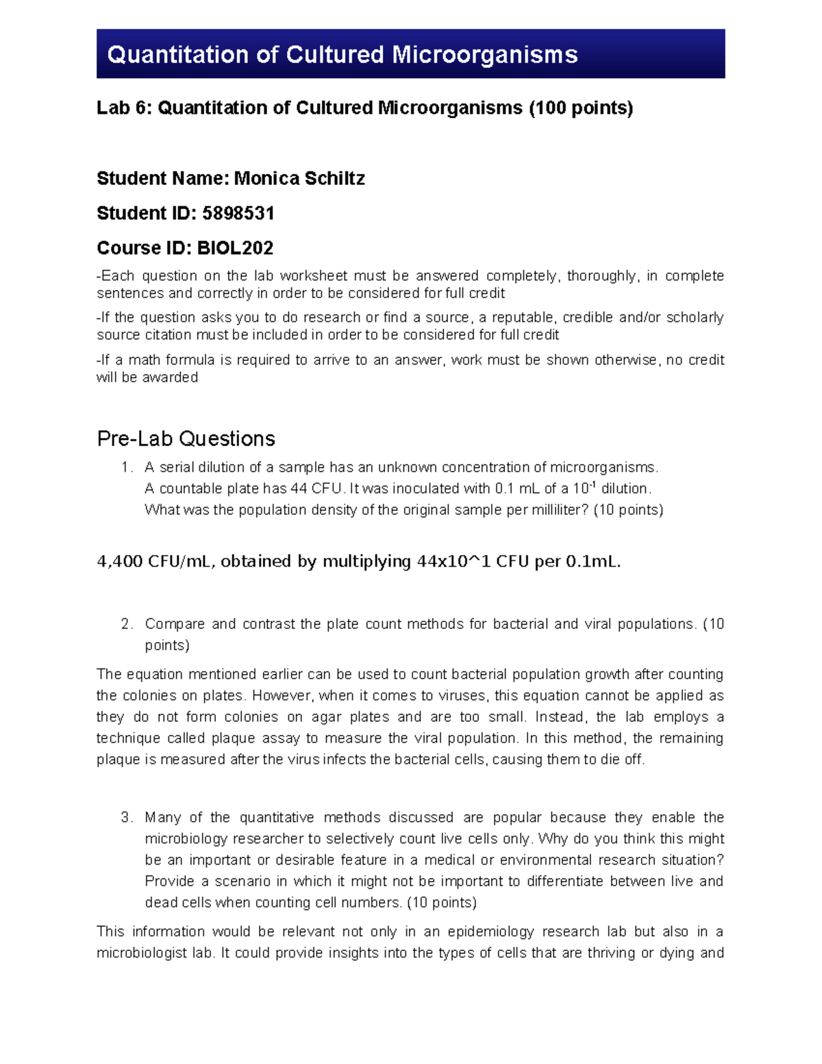 Lab 6 - Quantitation of Cultured Microorganisms (BIOL Course) - Studocu