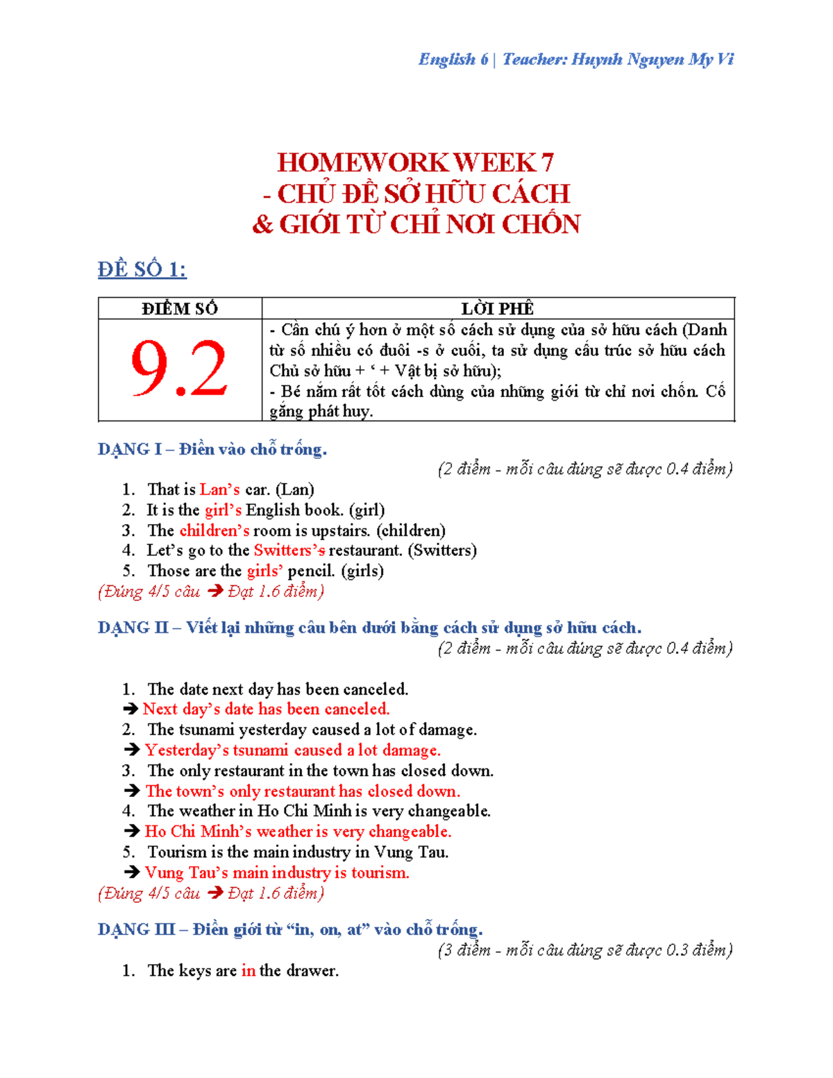English 6 | Homework Week 7: Possessive Case & Prepositions - Studocu