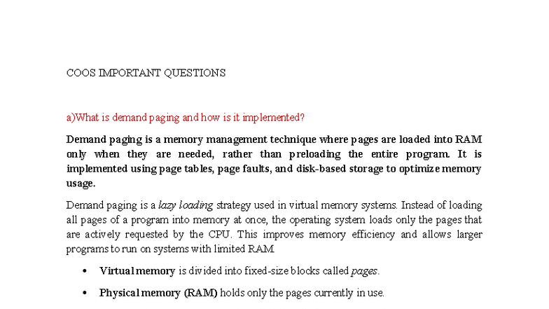 COOS Important Questions & Answers on Demand Paging and Memory ...