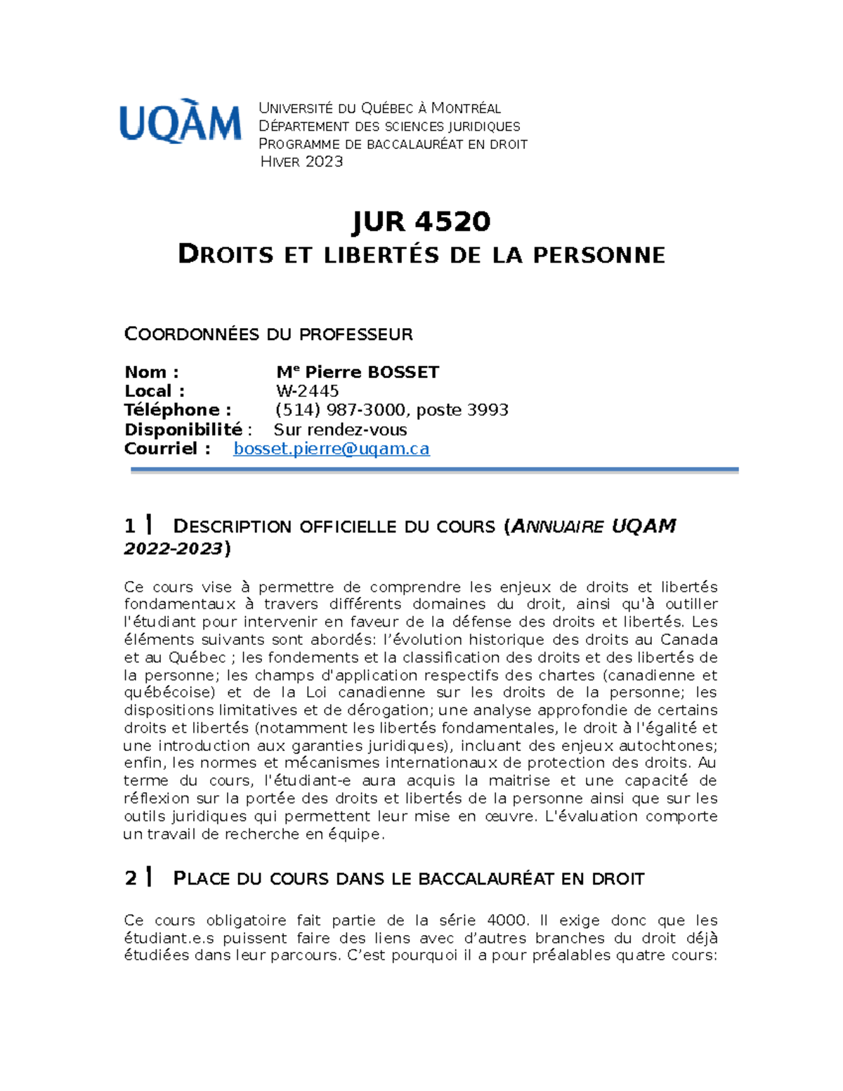 JUR 4520 - Syllabus du Cours sur les Droits et Libertés - Hiver 2023 ...