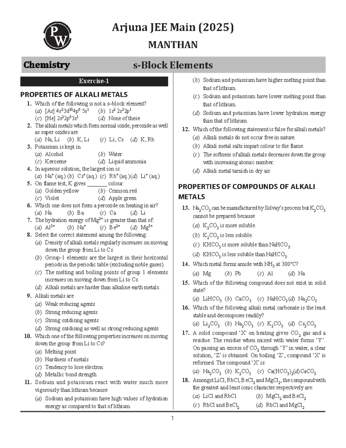 S-Block Elements JEE Main Practice Sheet Arjuna JEE 2025 - Studocu