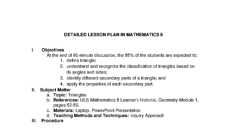 Detailed Lesson Plan: Triangles in Mathematics 8 - Studocu
