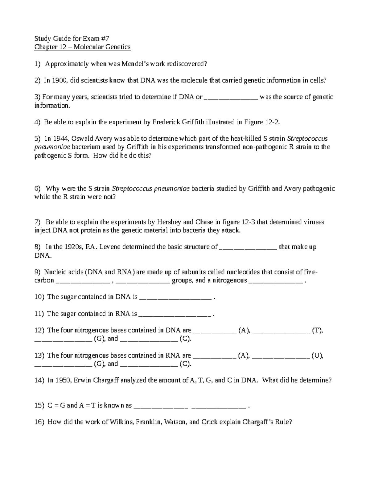 Molecular Genetics Study Guide for Exam (Chapter 12) - Studocu