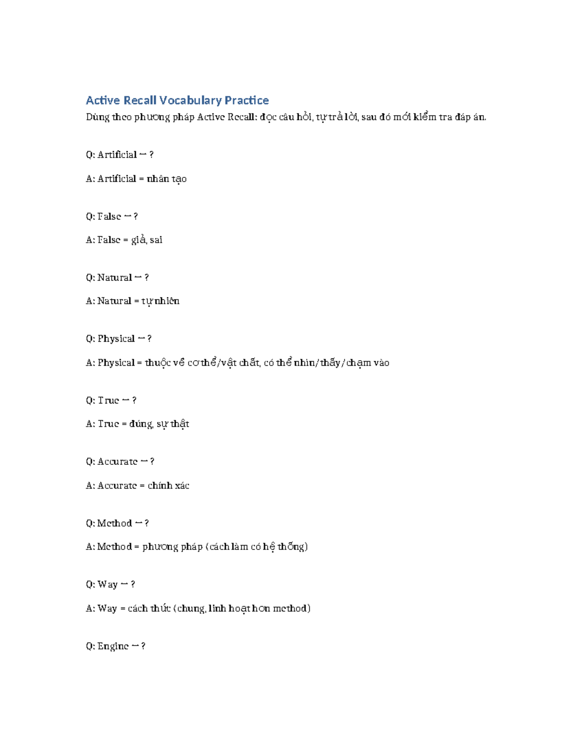 Active Recall Vocabulary Practice: Từ Vựng và Định Nghĩa - Studocu