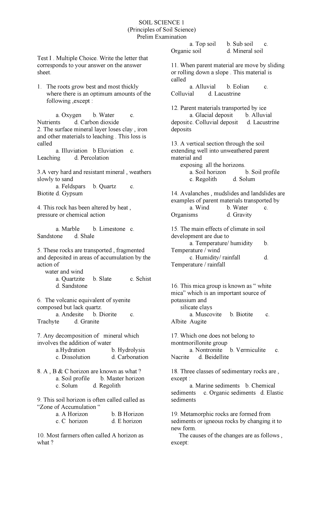 SOIL SCIENCE 1 (Principles of Soil Science) Prelim Exam Review Q Set C ...