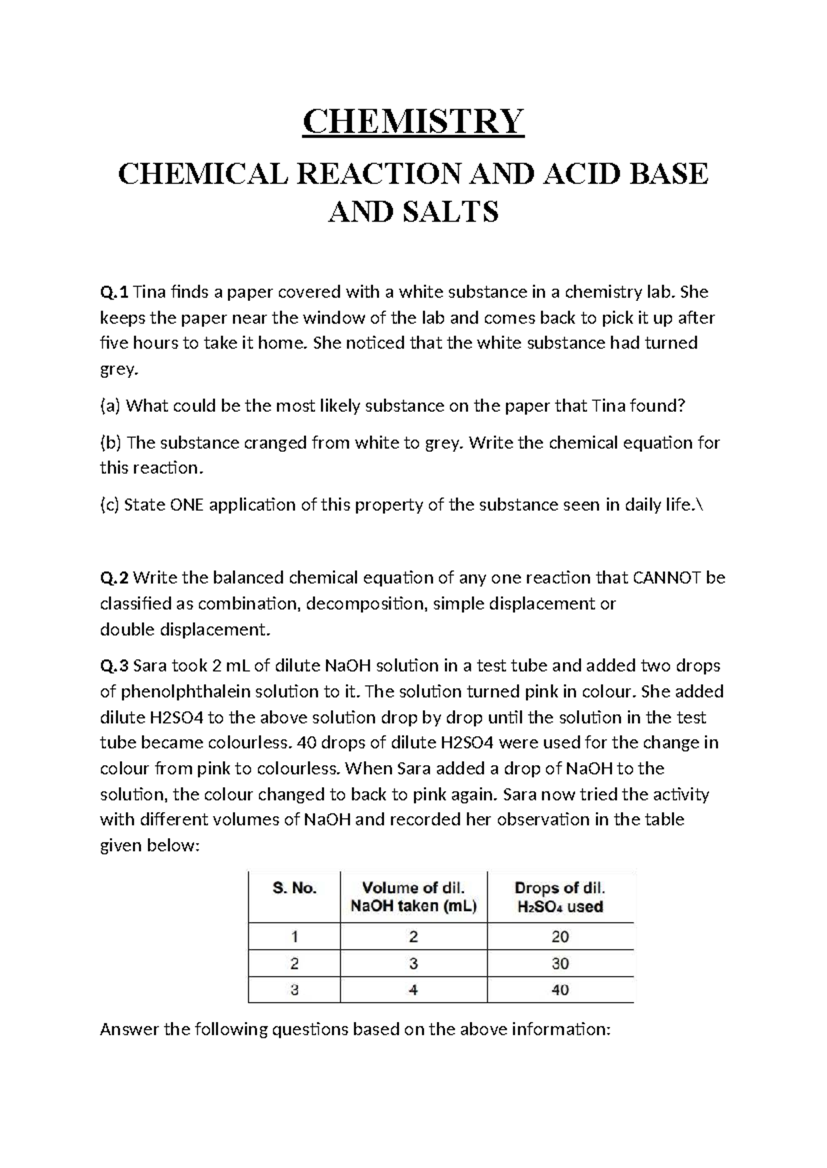 Chemistry - CHAPTER TEST on Chemical Reactions & Acids/Bases - Studocu