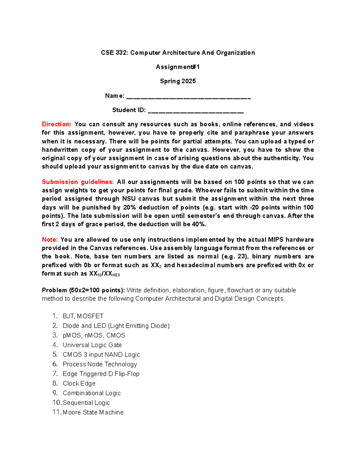 CSE 332 Assignment#1 Spring 25 - CSE 332: Computer Architecture And Organization Assignment ...