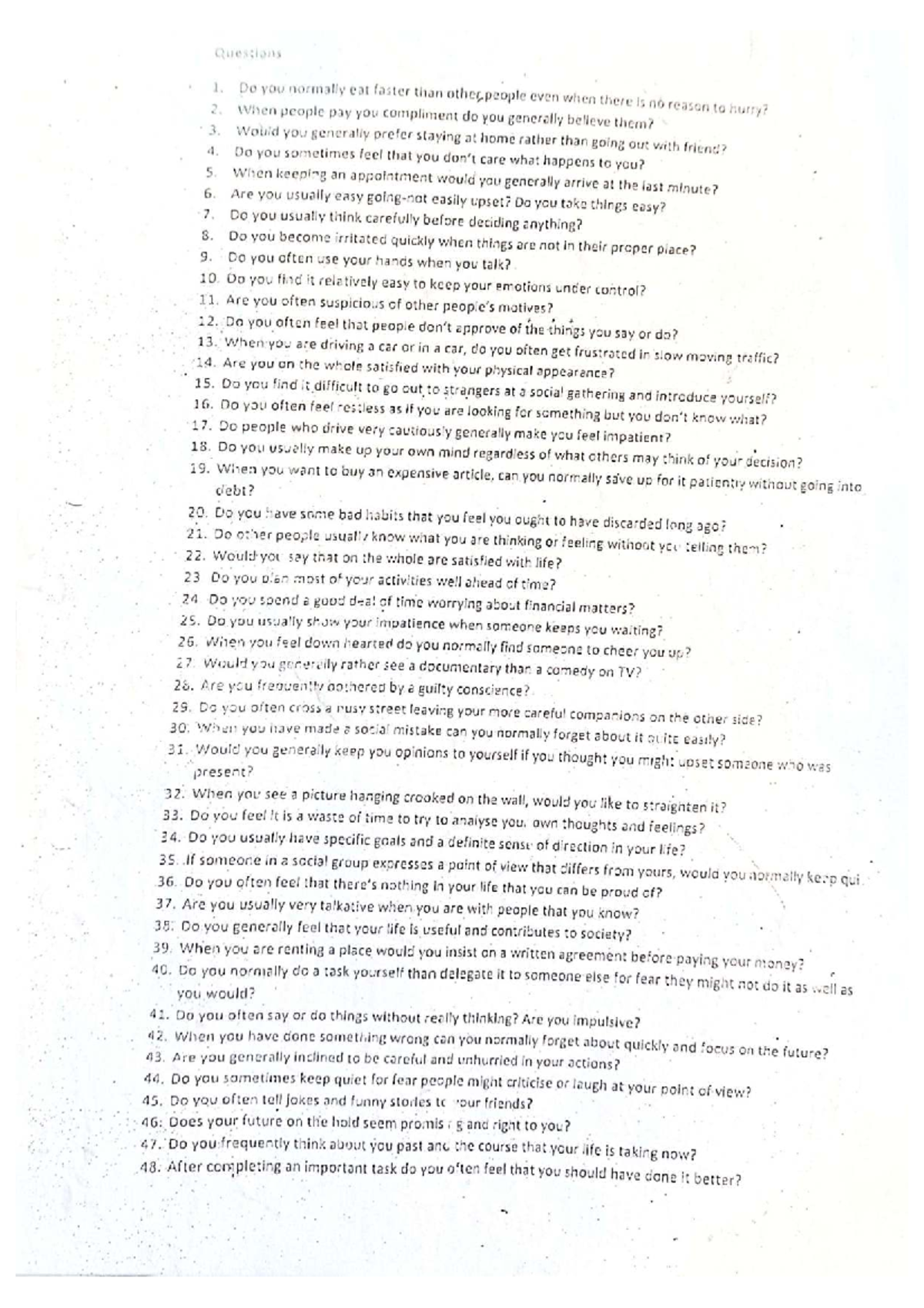 Psychological Self-Assessment Questions for Personal Reflection - Studocu